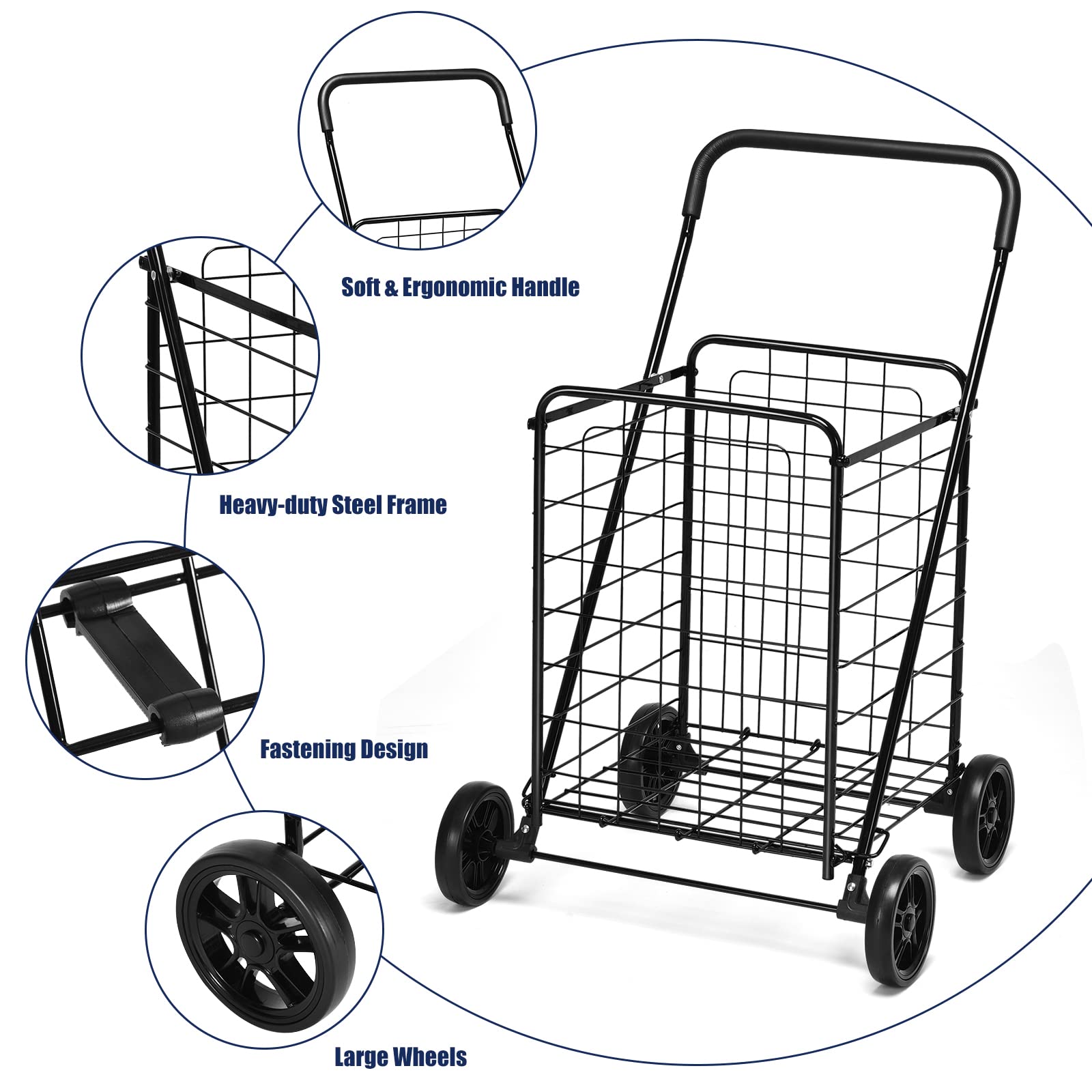 Goplus Shopping Carts for Groceries, Heavy Duty Folding Shopping Cart with Wheels, Portable Collapsible Grocery Cart, Light Weight Foldable Utility Cart for Laundry