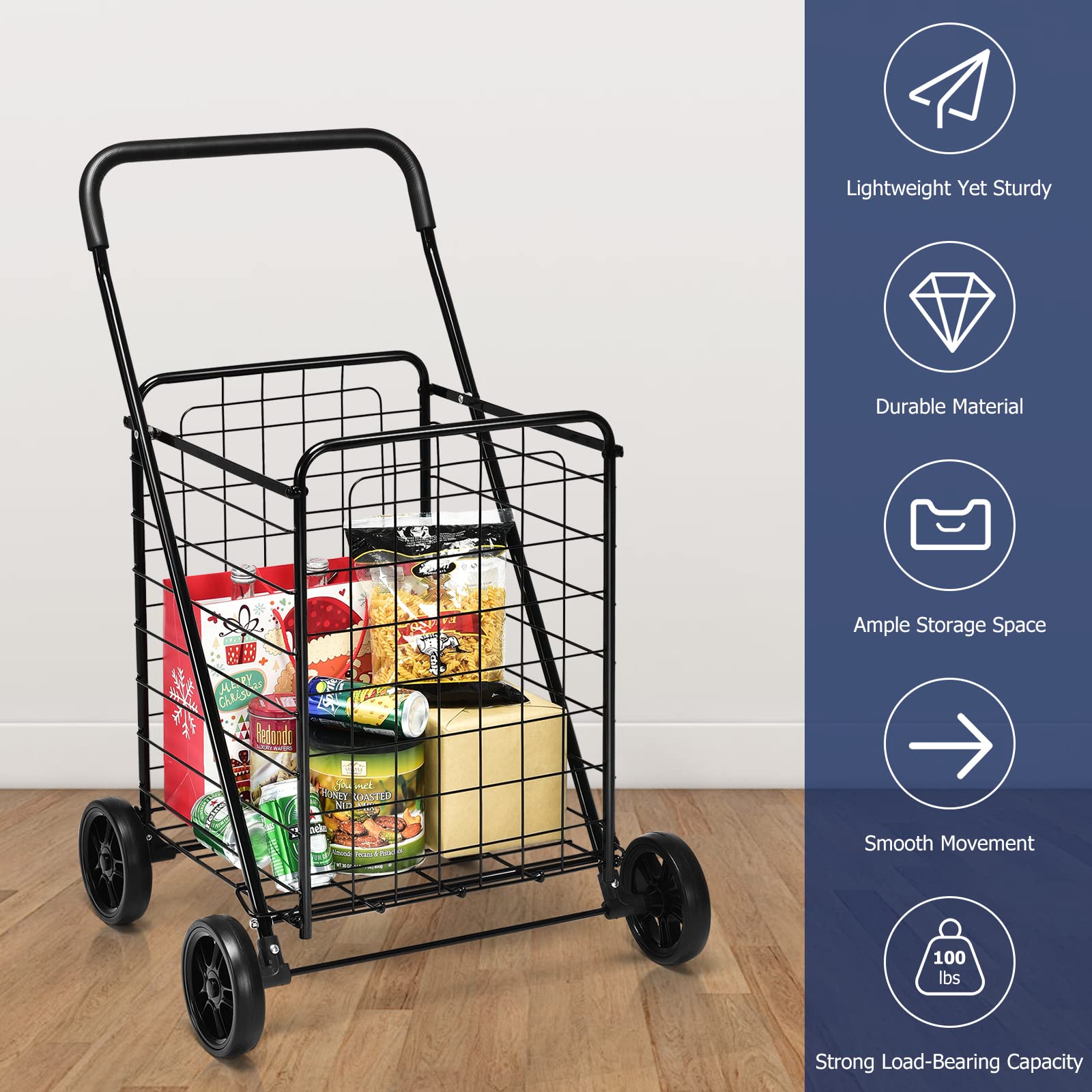 Goplus Shopping Carts for Groceries, Heavy Duty Folding Shopping Cart with Wheels, Portable Collapsible Grocery Cart, Light Weight Foldable Utility Cart for Laundry