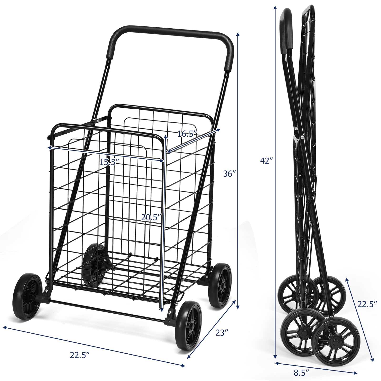 Goplus Shopping Carts for Groceries, Heavy Duty Folding Shopping Cart with Wheels, Portable Collapsible Grocery Cart, Light Weight Foldable Utility Cart for Laundry