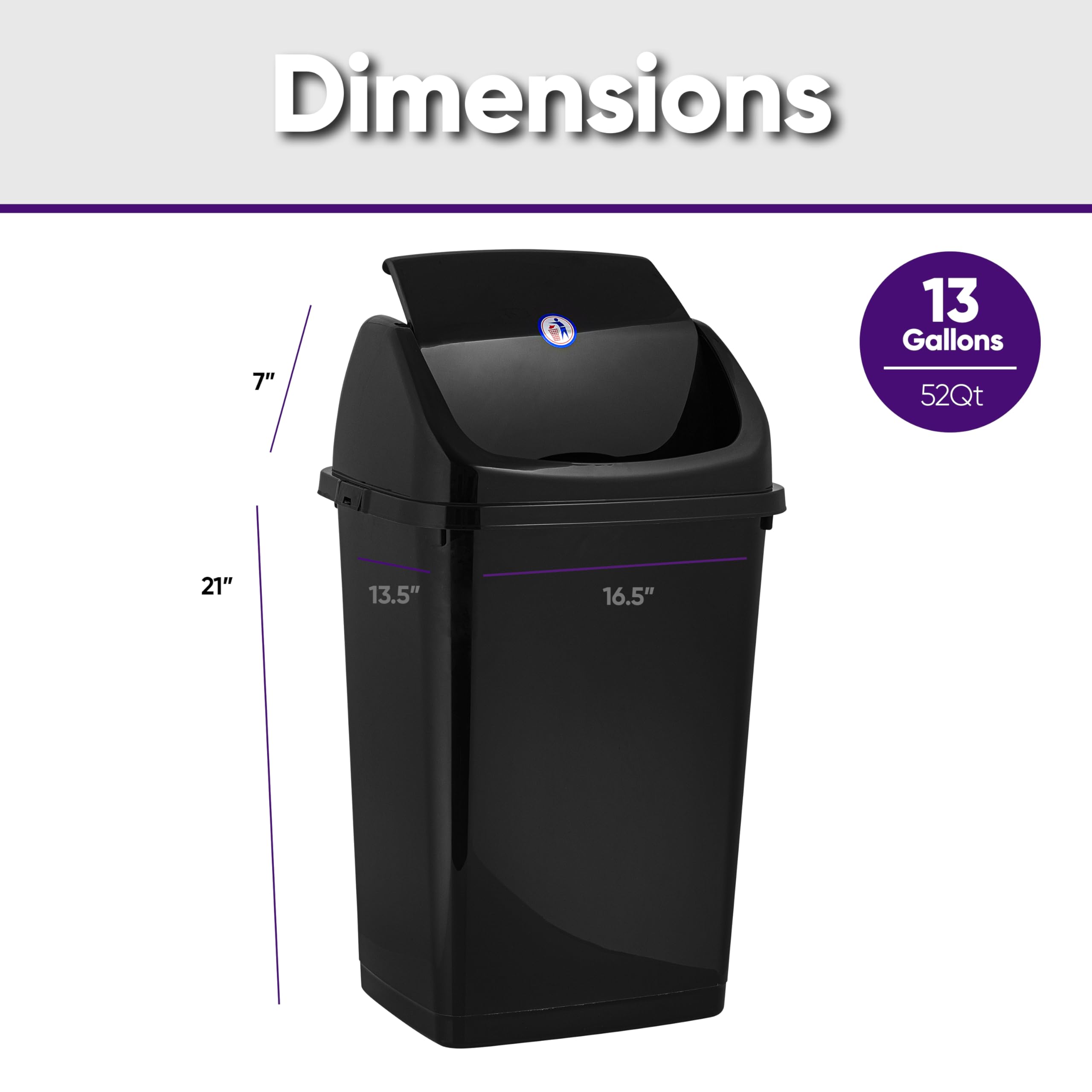 Superio Large Kitchen Trash Can 13 Gallon Black 2 Pack Swing Top Trash Can with Lid, 52 Qt Waste Bin for Kitchen, Garage, Indoor and Outdoor Trash Can
