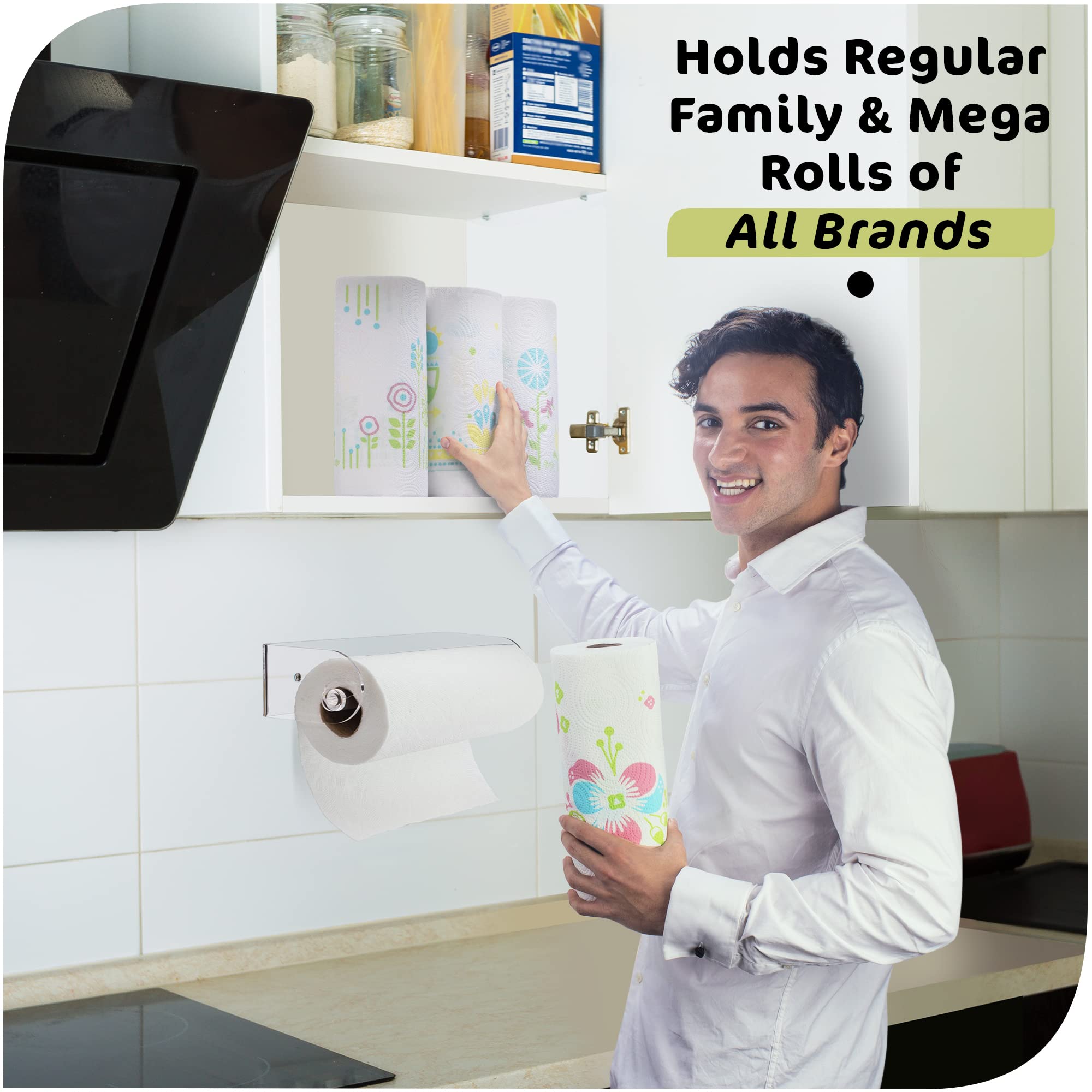 Srenta Clear Acrylic Paper Towel Holder Wall Mount Paper Towel Holder Under Cabinet, Wall Mounted Undermount Hanging Paper Towels Holder Dispenser, Holds Jumbo Rolls, Adhesive Strips & Screws Included
