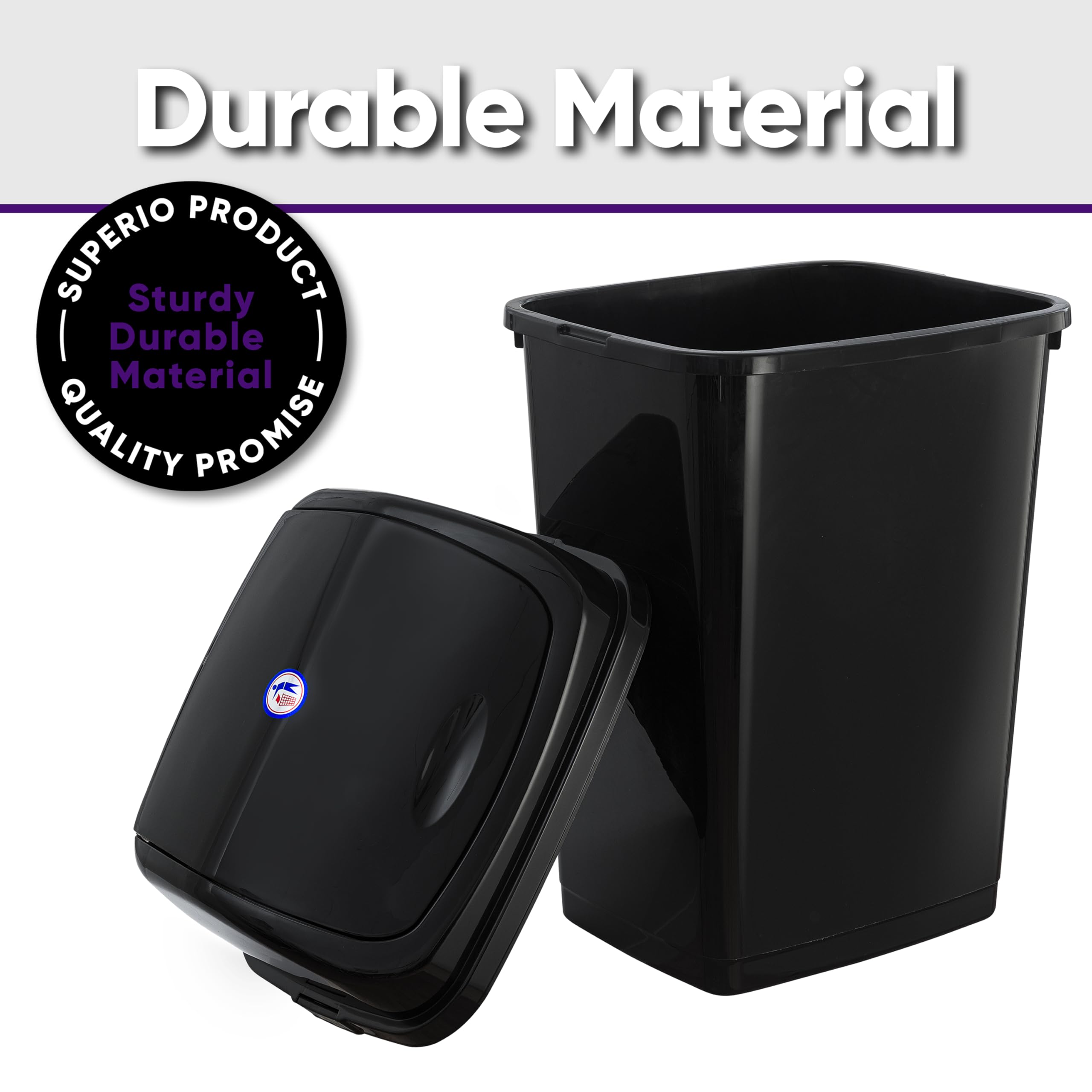 Superio Large Kitchen Trash Can 13 Gallon Black 2 Pack Swing Top Trash Can with Lid, 52 Qt Waste Bin for Kitchen, Garage, Indoor and Outdoor Trash Can