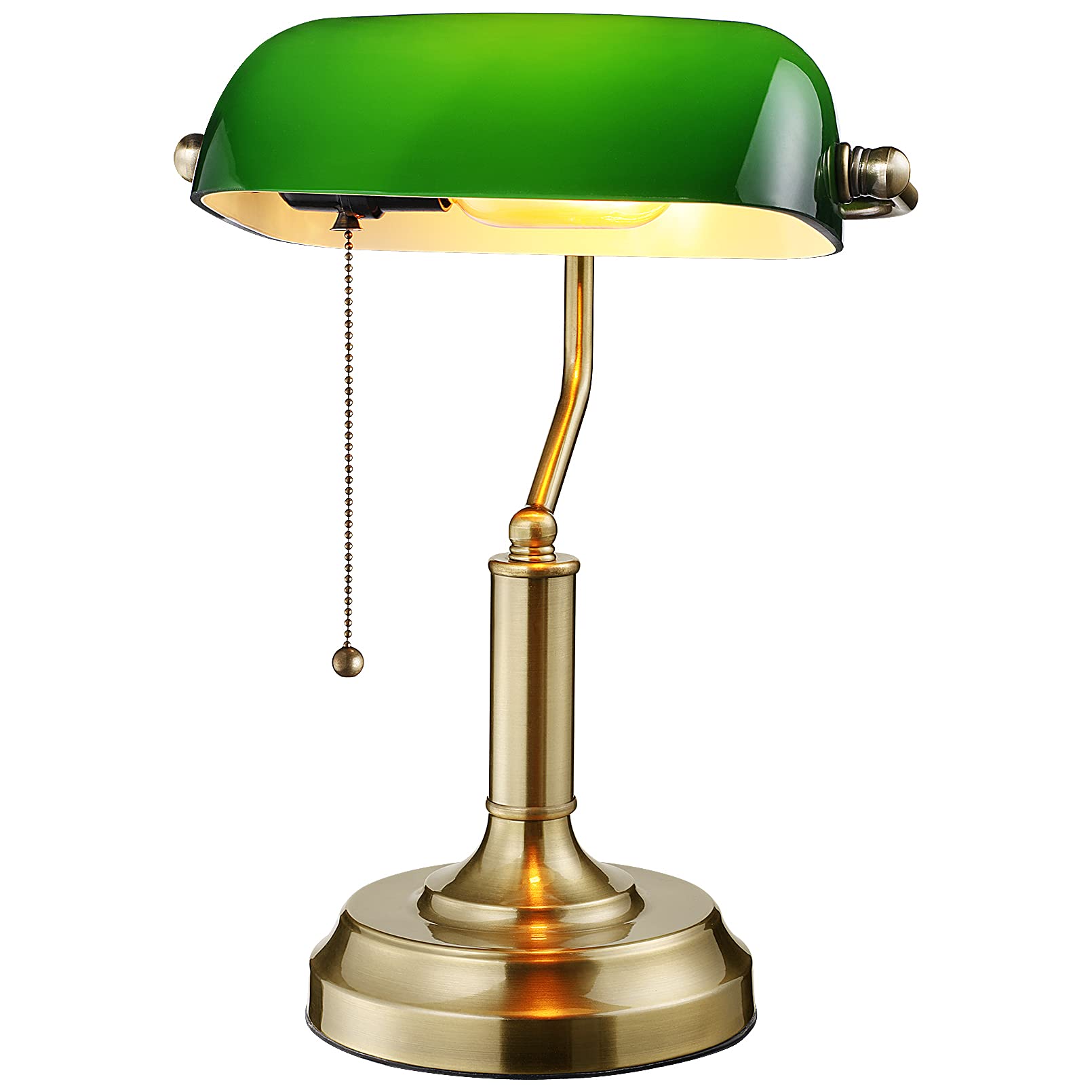 TORCHSTAR Green Glass Bankers Lamp, UL Listed, Antique Desk Lamps with Brass Base, Traditional Library Lamp with Pull Chain, E26 Base, Vintage Desk Lamp for Office, Study Room