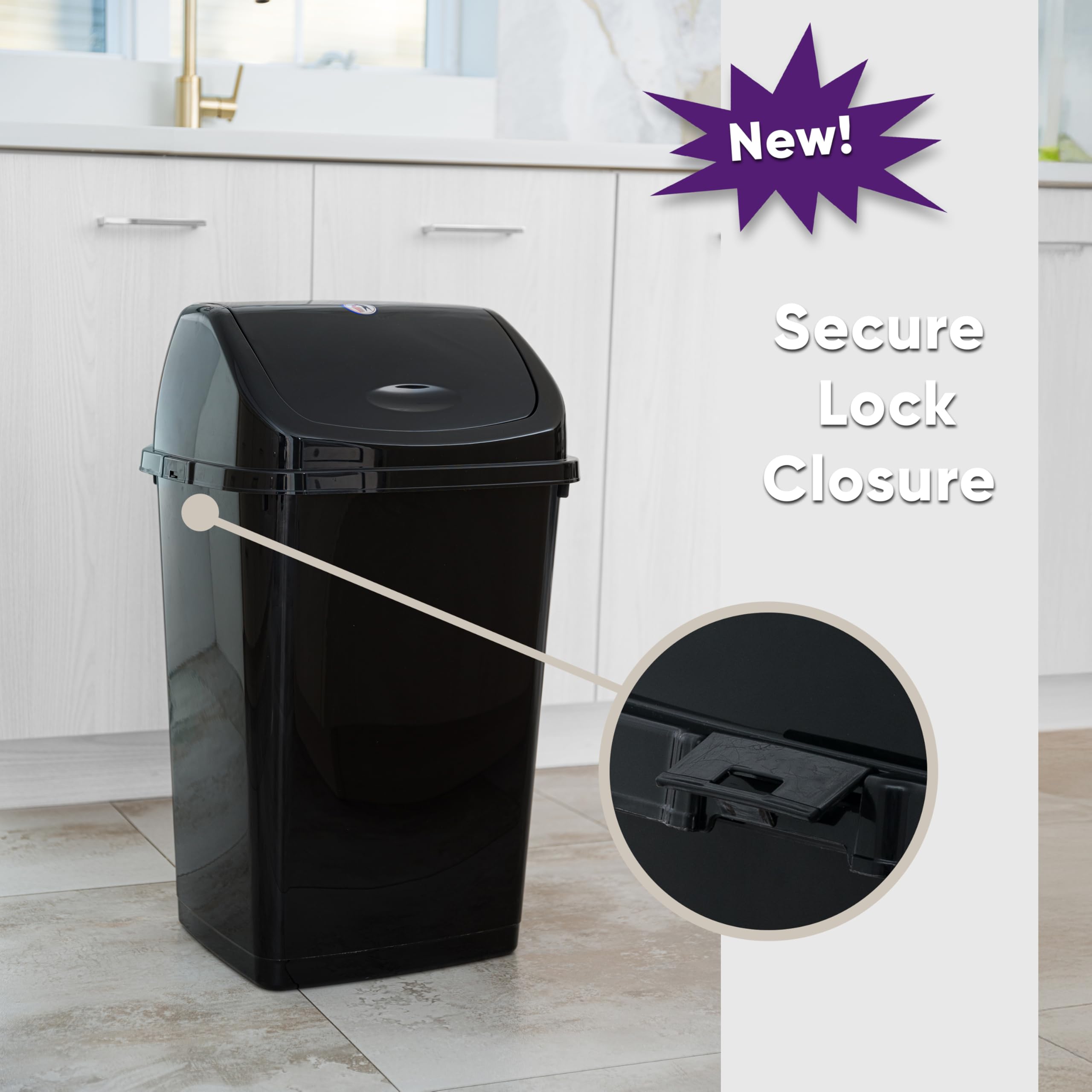 Superio Large Kitchen Trash Can 13 Gallon Black 2 Pack Swing Top Trash Can with Lid, 52 Qt Waste Bin for Kitchen, Garage, Indoor and Outdoor Trash Can