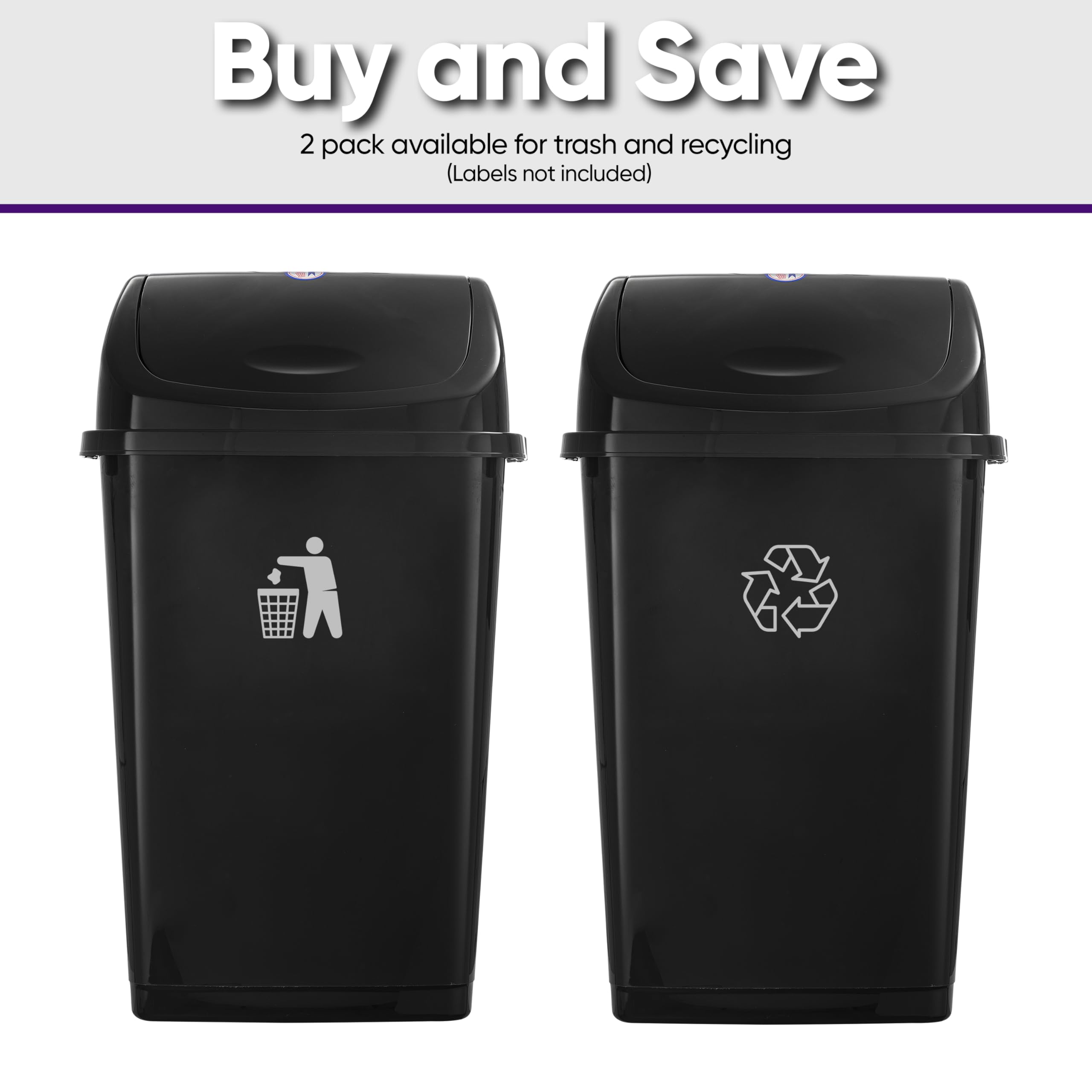 Superio Large Kitchen Trash Can 13 Gallon Black 2 Pack Swing Top Trash Can with Lid, 52 Qt Waste Bin for Kitchen, Garage, Indoor and Outdoor Trash Can