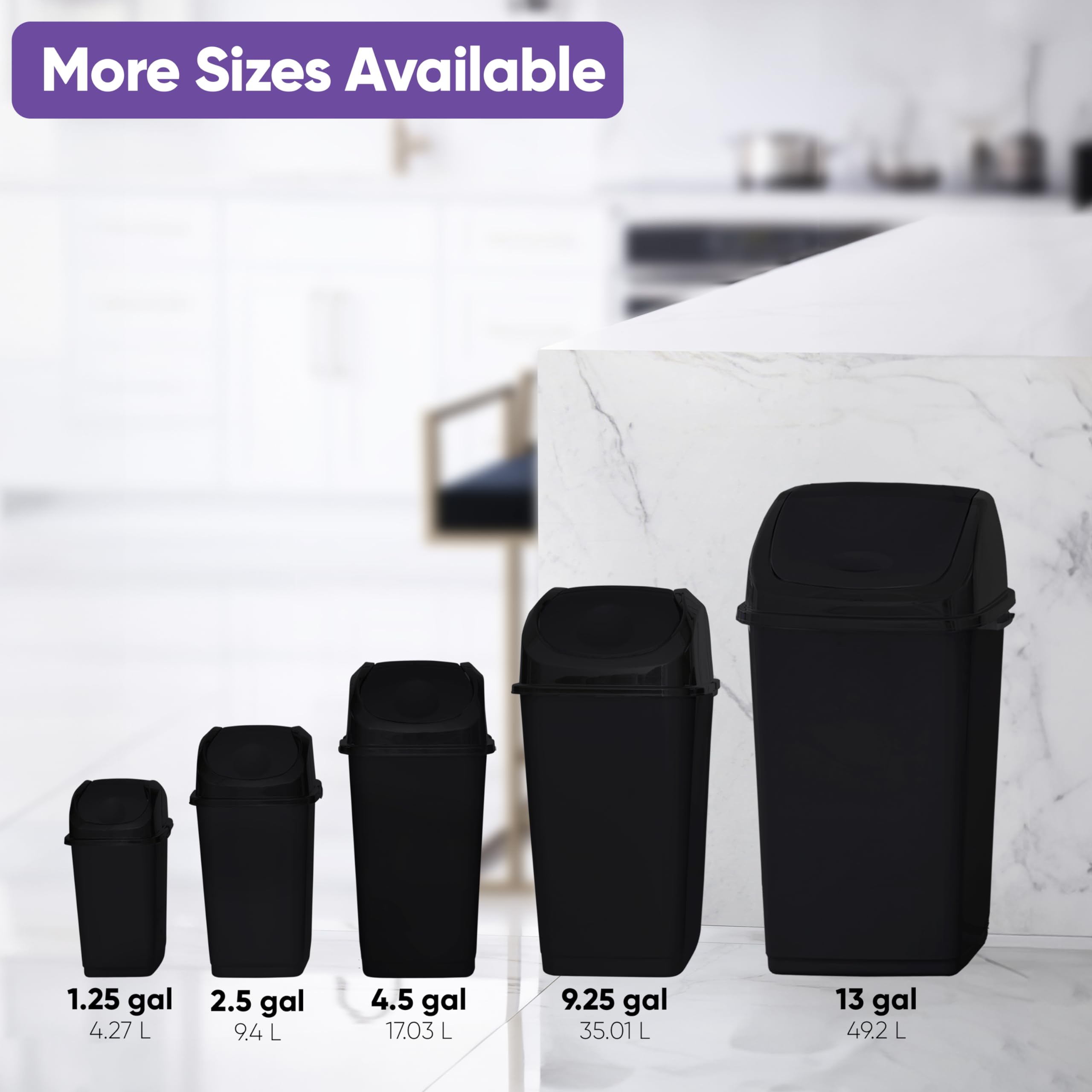 Superio Large Kitchen Trash Can 13 Gallon Black 2 Pack Swing Top Trash Can with Lid, 52 Qt Waste Bin for Kitchen, Garage, Indoor and Outdoor Trash Can