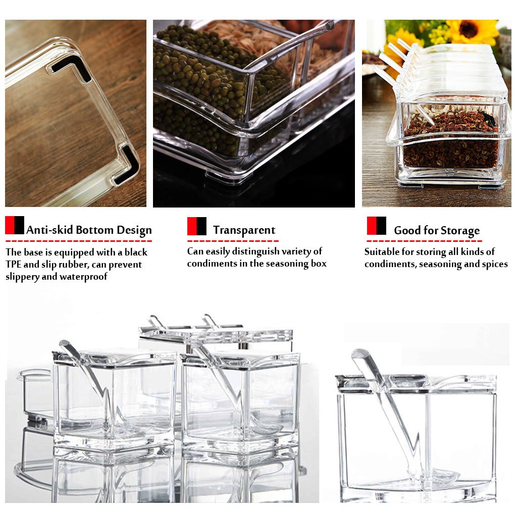 Clear Seasoning Box,V-Resourcing 4 Pieces Clear Seasoning Storage Container for Spice Salt Sugar Cruet,Condiment Jars with Spoons