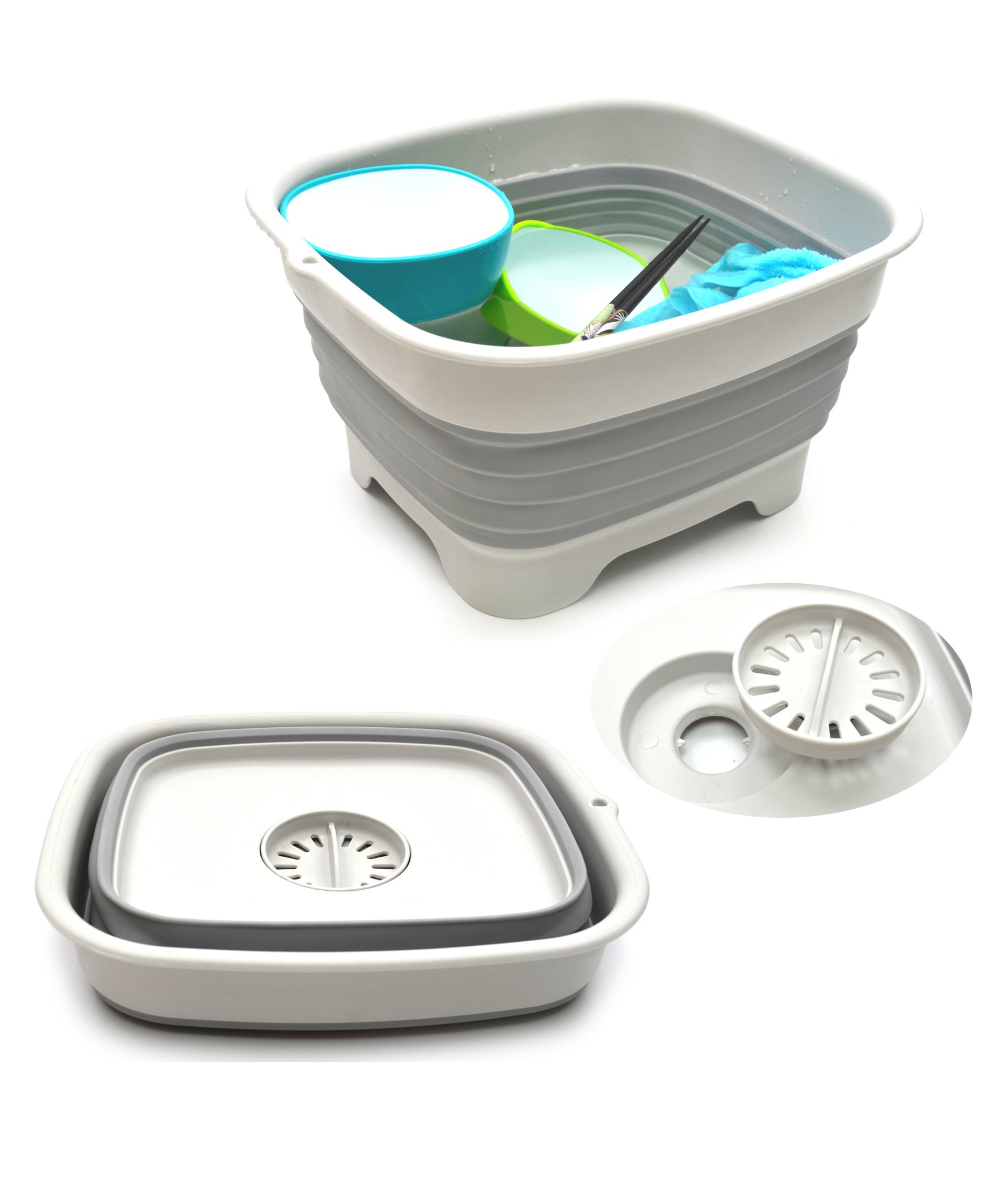 SAMMART 9.1L (2.4Gallon) Collapsible Dishpan with Draining Plug - Foldable Washing Basin - Portable Dish Washing Tub - Space Saving Kitchen Storage Tray (1, Lake Green)