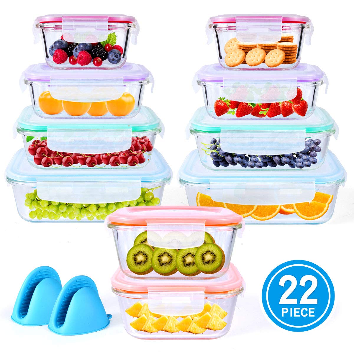 [20 Piece] Glass Food Storage Airtight & Leakproof Containers Set with Snap Lock Lids, Bonus 2 Oven Silicone Gloves, Safe for Dishwasher, Oven, Microwave,Freezer, BPA Free