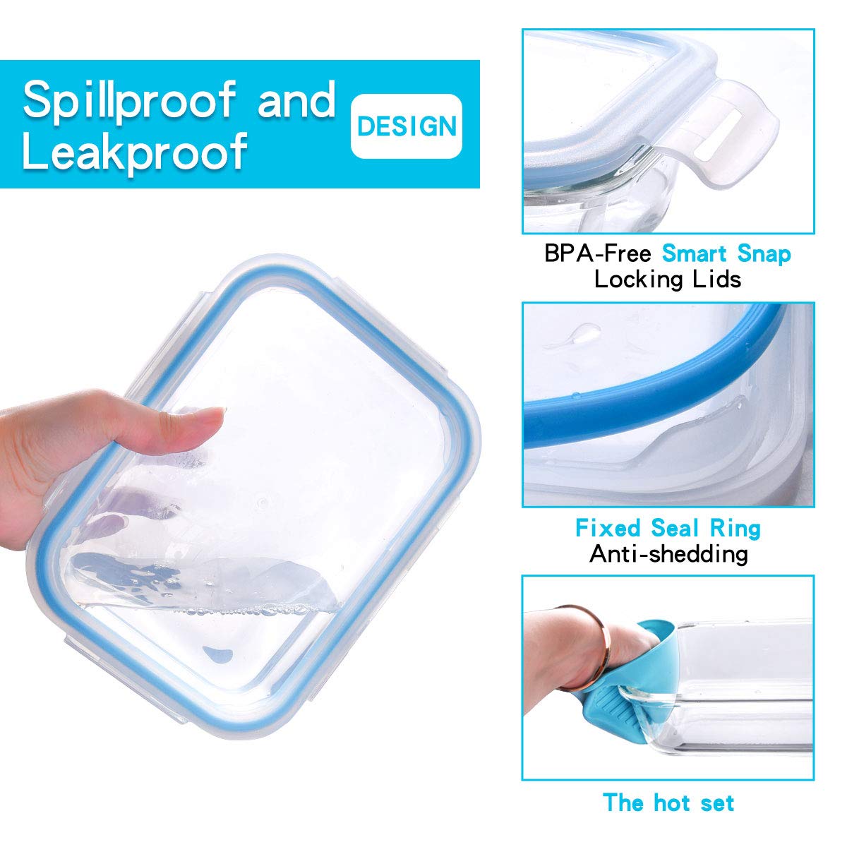 [20 Piece] Glass Food Storage Airtight & Leakproof Containers Set with Snap Lock Lids, Bonus 2 Oven Silicone Gloves, Safe for Dishwasher, Oven, Microwave,Freezer, BPA Free