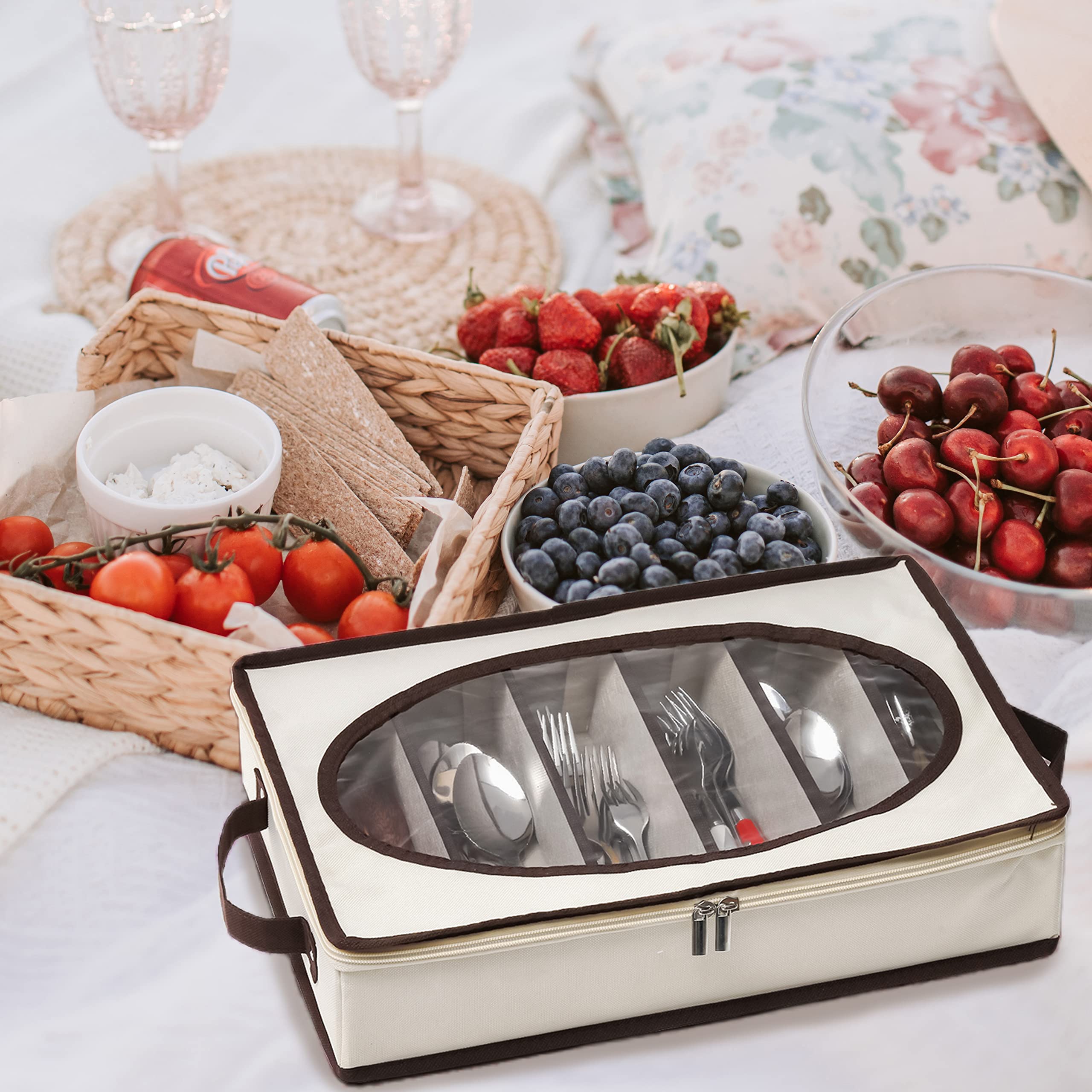 Hiceeden Flatware Utensil Storage Case Box, 6 Adjustable Compartment Silverware Organizer with Zipper Lid and Handles, Cutlery Storage Container for Spoon, Fork, Knife, Chopstick Oraganizing