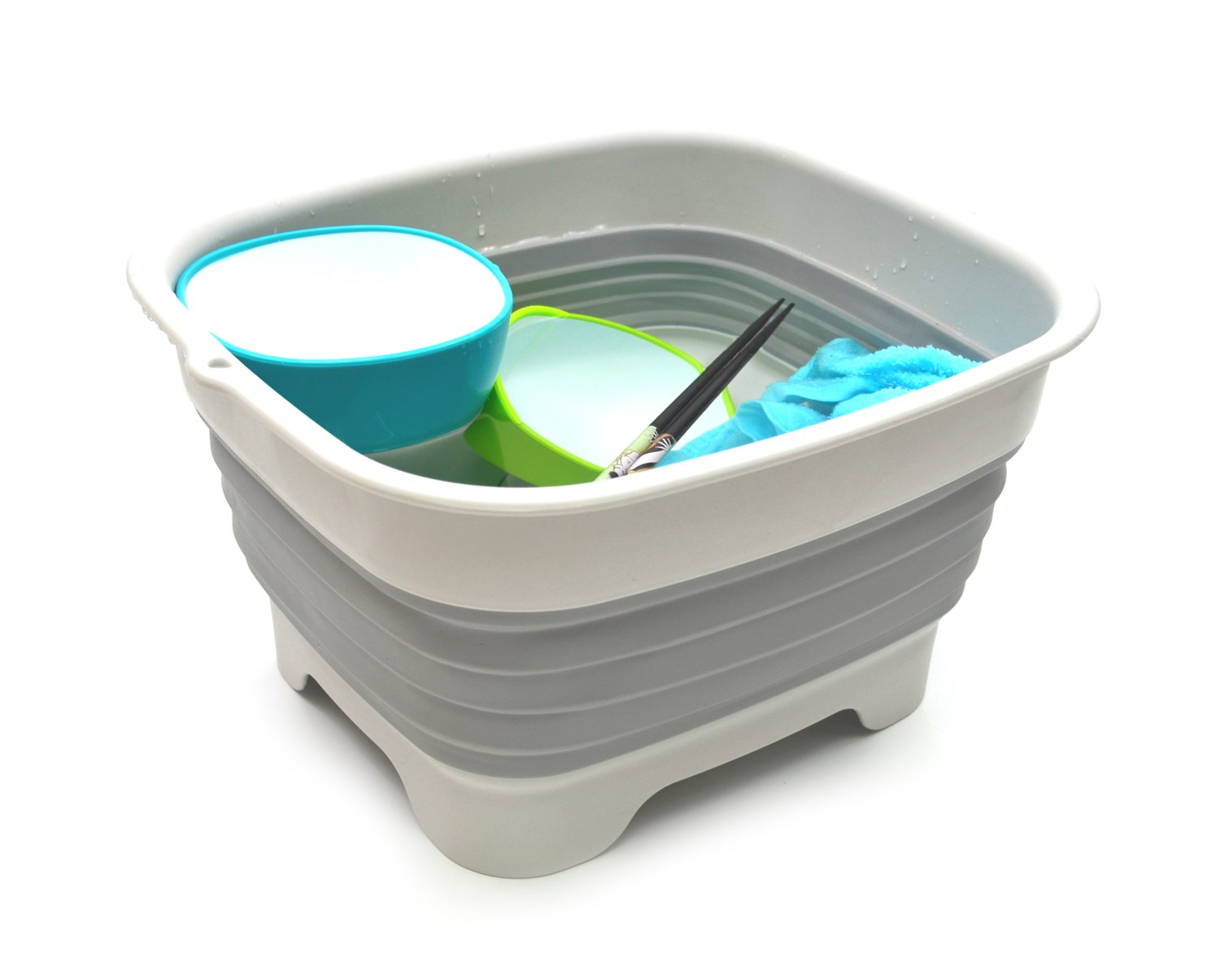 SAMMART 9.1L (2.4Gallon) Collapsible Dishpan with Draining Plug - Foldable Washing Basin - Portable Dish Washing Tub - Space Saving Kitchen Storage Tray (1, Lake Green)
