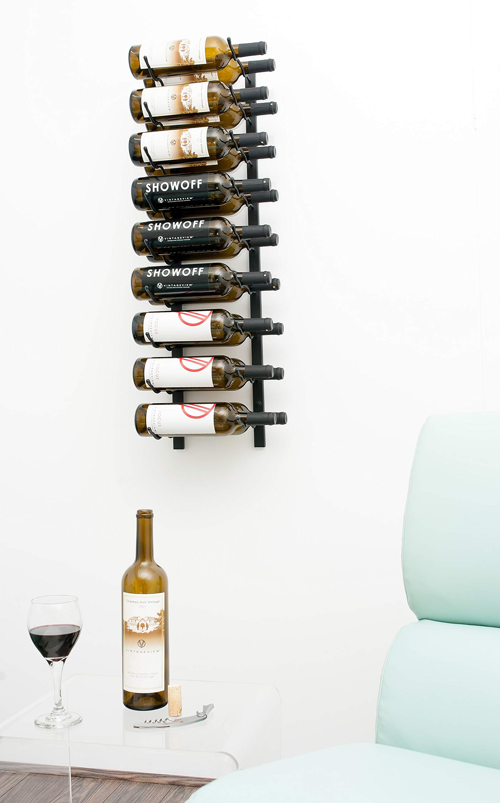 VintageView W Series (3 Ft) - 18 Bottle Wall Mounted Wine Rack (Satin Black) Stylish Modern Wine Storage with Label Forward Design