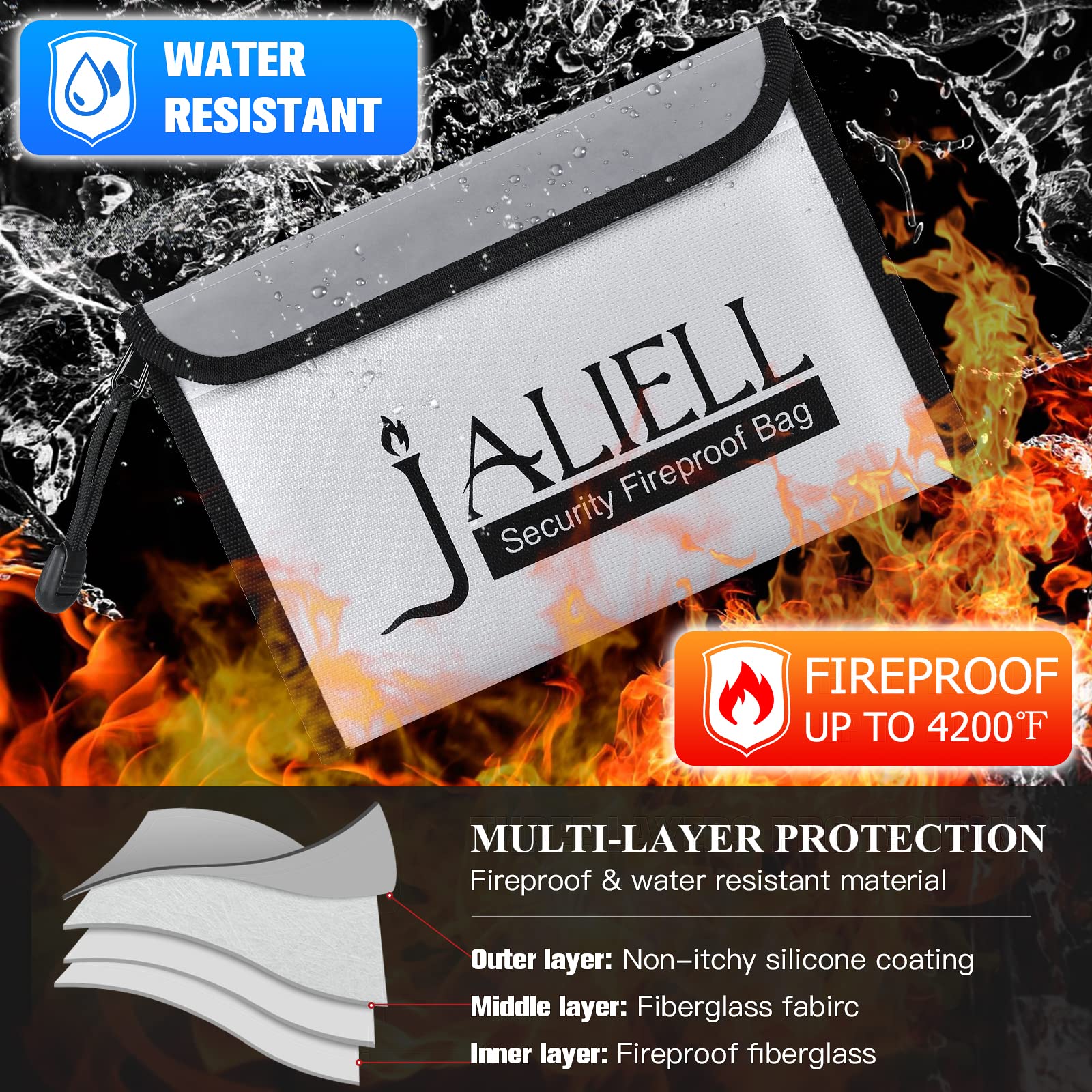 Fireproof Money Bag (9.5x6.5 inches), 2 Pack Non-Itchy Waterproof and Fireproof Bag with Zipper, Small Fireproof Safe Box Money Pouch Envelope Container for Cash,Passport,Currency,Keys (Black & Grey)