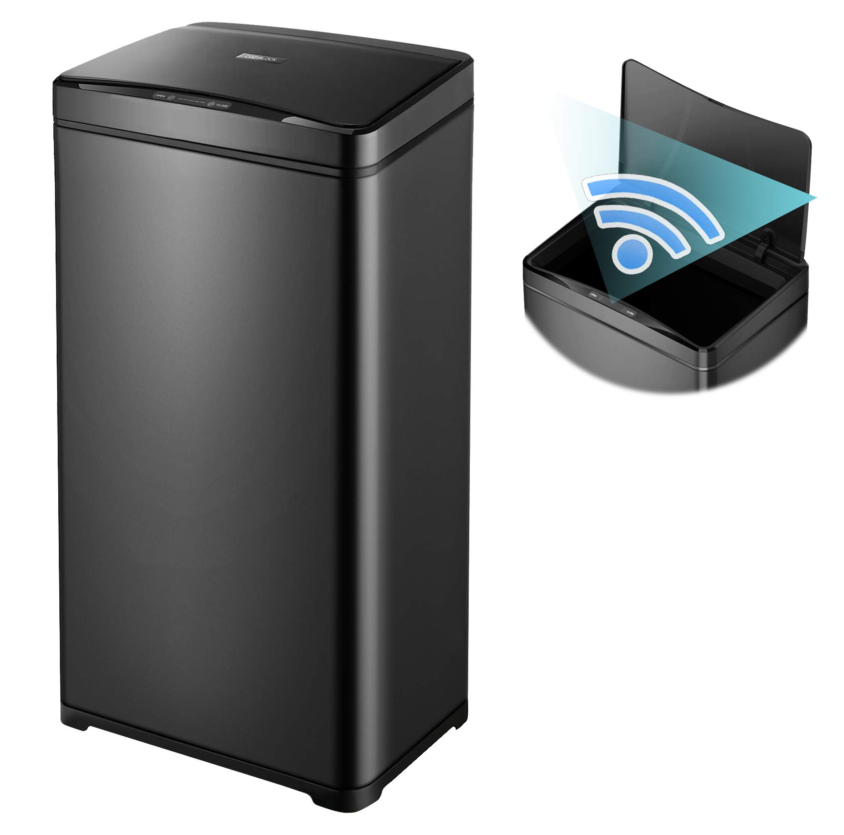 CozyBlock Automatic Trash Can for Kitchen, Black Steel Touchless Motion Sensor Bin, Wide Opening Soft Close Lid, LED Countdown Timer (13 Gallon)