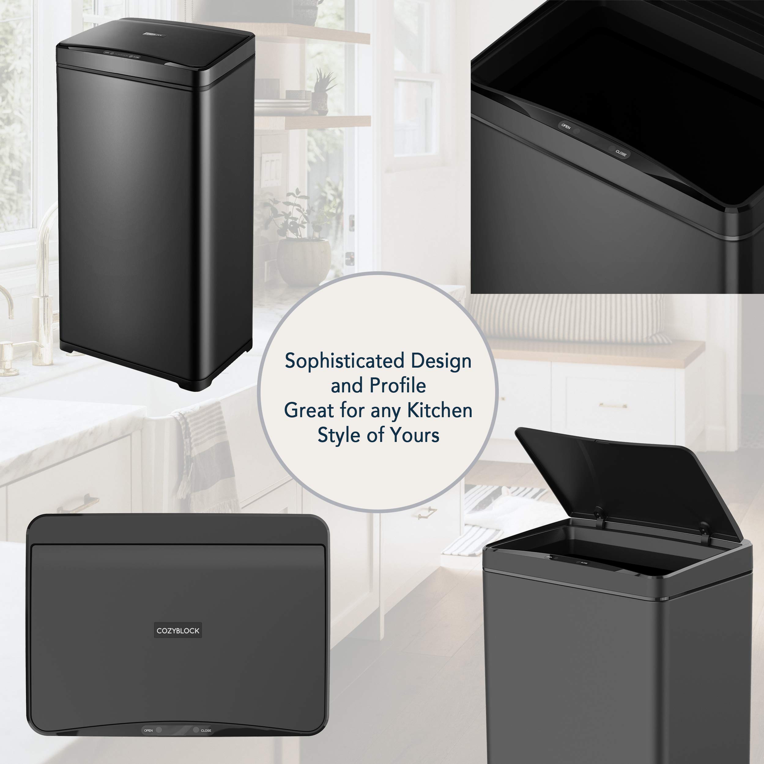 CozyBlock Automatic Trash Can for Kitchen, Black Steel Touchless Motion Sensor Bin, Wide Opening Soft Close Lid, LED Countdown Timer (13 Gallon)