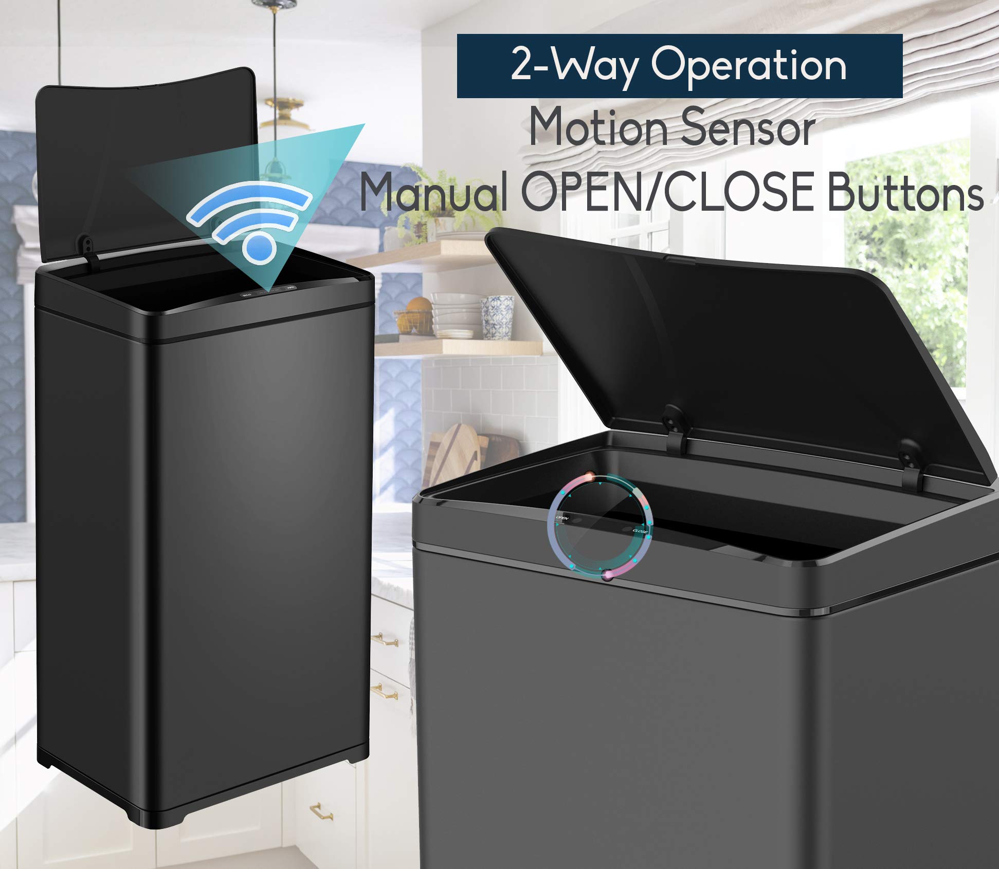 CozyBlock Automatic Trash Can for Kitchen, Black Steel Touchless Motion Sensor Bin, Wide Opening Soft Close Lid, LED Countdown Timer (13 Gallon)