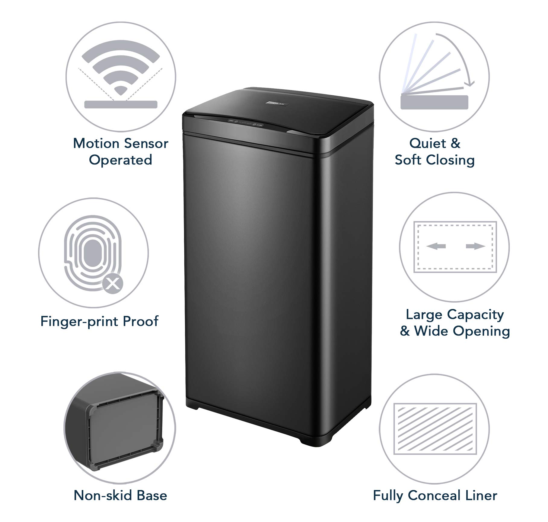CozyBlock Automatic Trash Can for Kitchen, Black Steel Touchless Motion Sensor Bin, Wide Opening Soft Close Lid, LED Countdown Timer (13 Gallon)