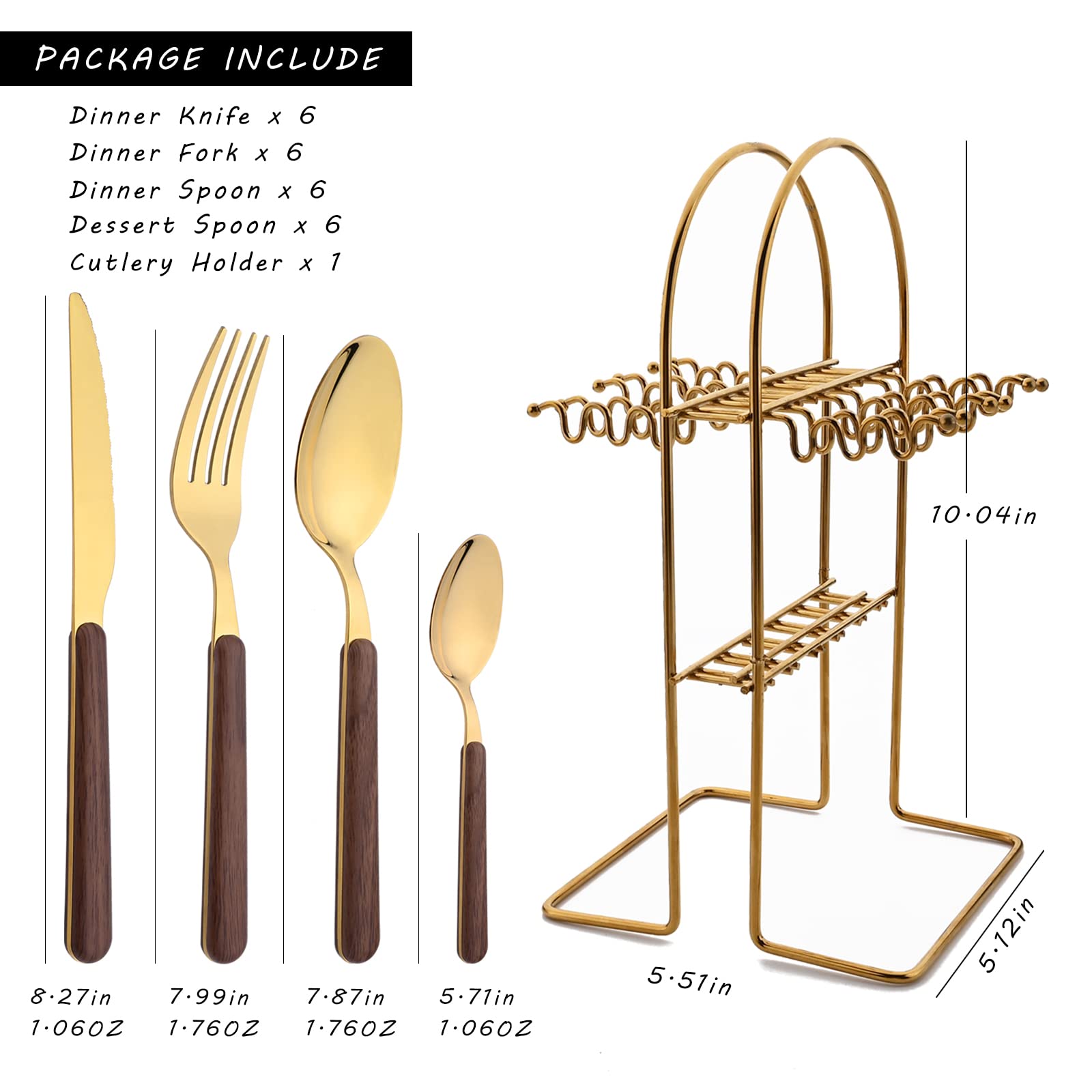 Silverware Set with Holder - Uniturcky Hanging Flatware Set with Stand - 24PCS Cutlery Set with Faux Wooden Handle - Stainless Steel Utensils Set for Home Restaurant Party (Gold, Service for 6)