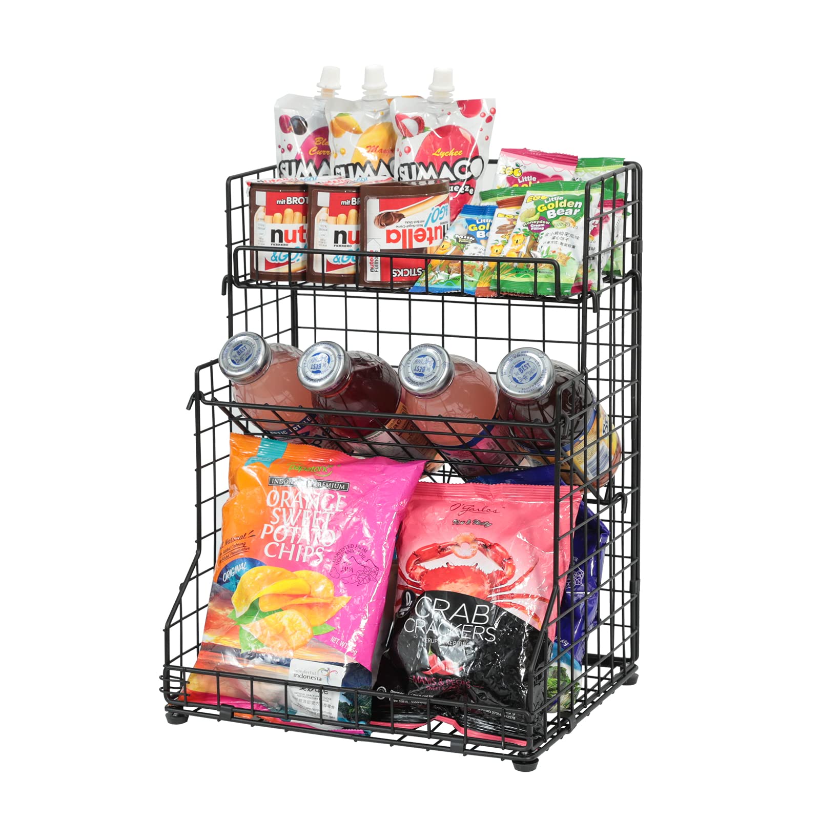 X-cosrack 3-Tier Food Packet Organizer Rack Bins with Adjustable Tilting Design for Pantry Storage,Metal Wire Snack Spice Holder for Kitchen Bathroom Cabinets Countertops