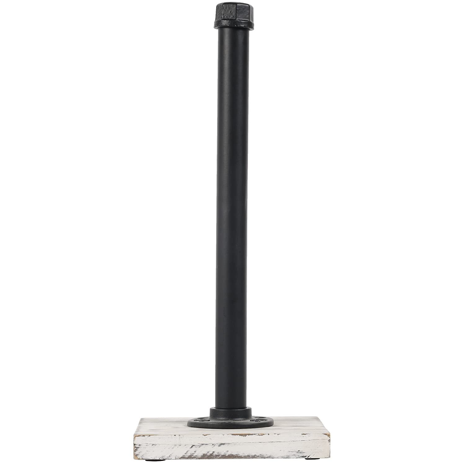 MyGift Industrial Black Metal Pipe Paper Towel Holder Countertop Bathroom Paper Towel Holder Stand with Vintage White Solid Wood Base