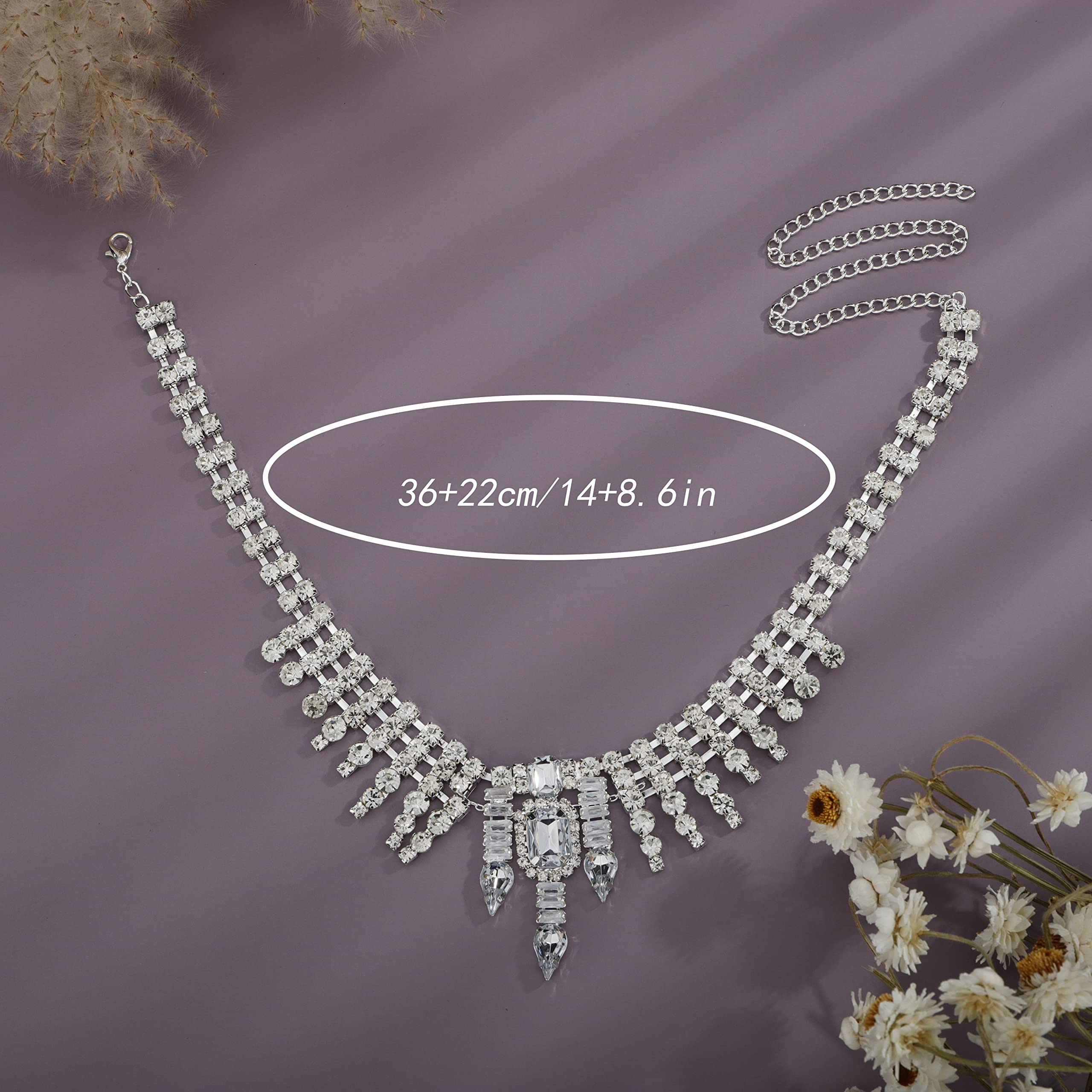 YERTTER Dainty Silver Full Rhinestone Chain Sparkly Collar Chain Choker Statement Tassel Crystal Choker Necklace Adjustable for Party Music Bar Women (Silver 4)