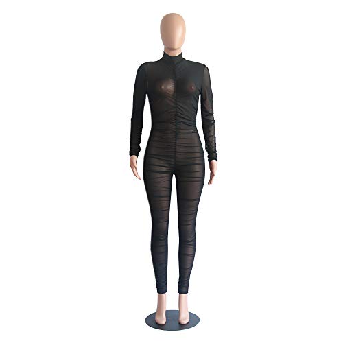 Uni Clau Women One Piece Outfits Mesh Sheer Bodycon Jumpsuit Long Sleeve See Through Party Catsuit Jumpsuits Black S