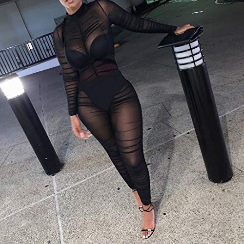 Uni Clau Women One Piece Outfits Mesh Sheer Bodycon Jumpsuit Long Sleeve See Through Party Catsuit Jumpsuits Black S