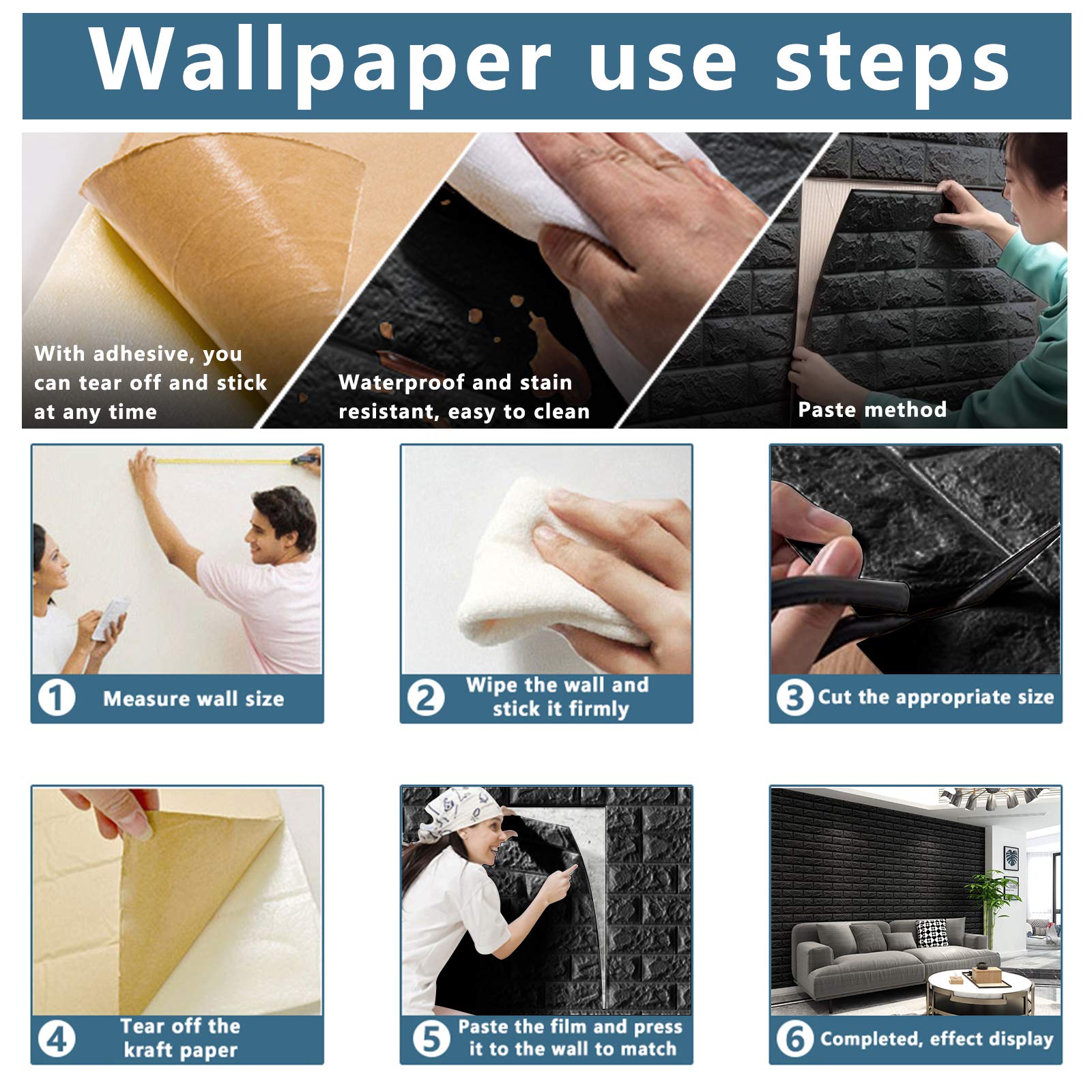 Sodeno 10 PCS Black 3D Wall Panels, 14.5 sq.feet Coverage, Printable Wallpaper Sticker with Self-Adhesive Waterproof Brick PE Foam Wall Panels Peel and Stick for Interior Wall Decor, Home Decoration