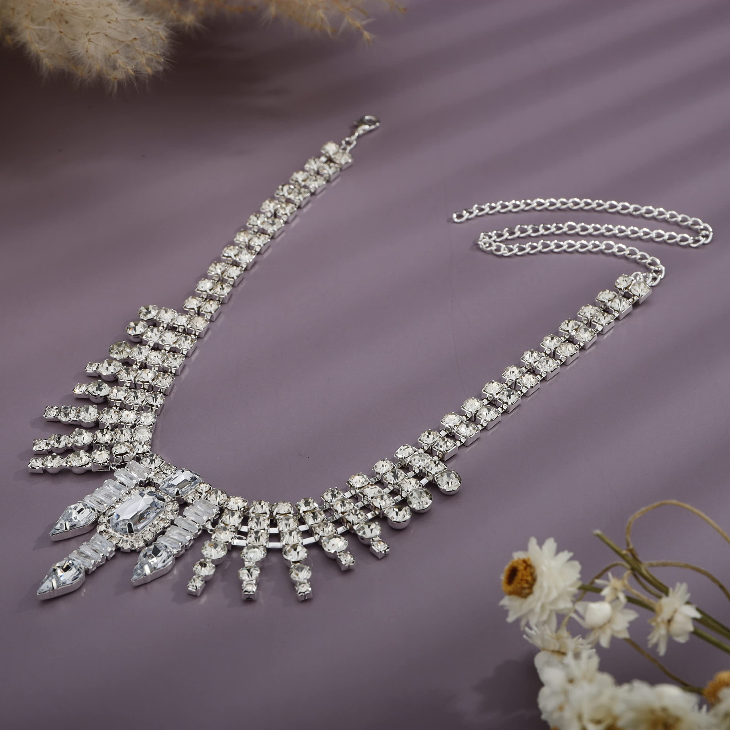 YERTTER Dainty Silver Full Rhinestone Chain Sparkly Collar Chain Choker Statement Tassel Crystal Choker Necklace Adjustable for Party Music Bar Women (Silver 4)