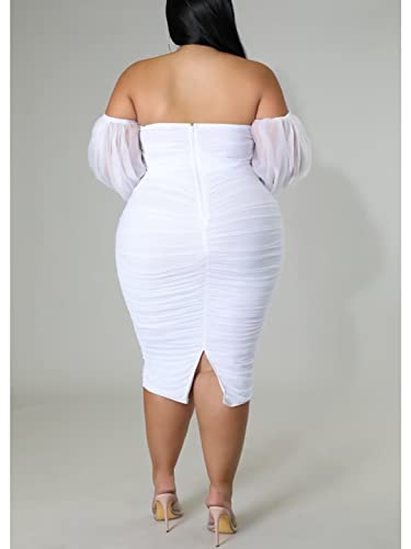 Uni Clau Plus Size Women Sexy Ruched Midi Dress Sheer Mesh Off The Shoulder Long Sleeve Bodycon Pencil Dresses