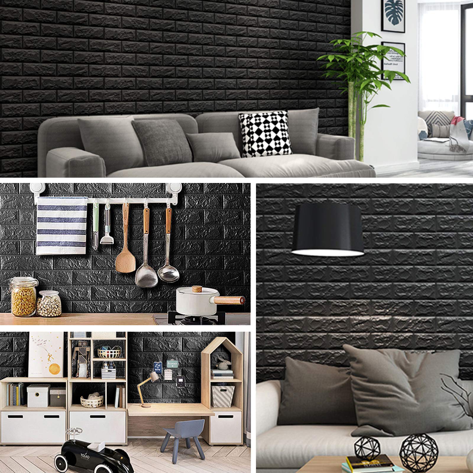 Sodeno 10 PCS Black 3D Wall Panels, 14.5 sq.feet Coverage, Printable Wallpaper Sticker with Self-Adhesive Waterproof Brick PE Foam Wall Panels Peel and Stick for Interior Wall Decor, Home Decoration