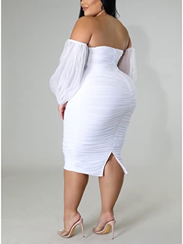 Uni Clau Plus Size Women Sexy Ruched Midi Dress Sheer Mesh Off The Shoulder Long Sleeve Bodycon Pencil Dresses