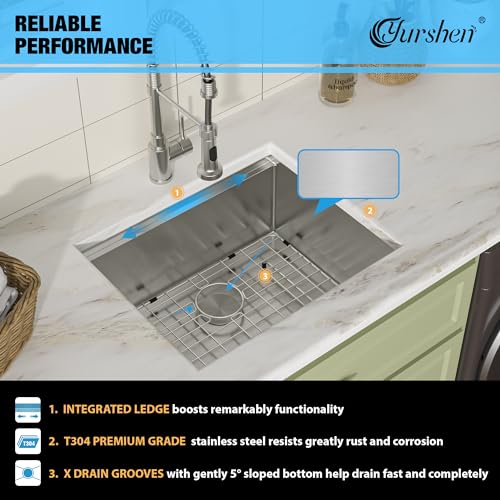 Yurshen 23 Laundry Sink Stainless Steel 23x19x13 Inch Undermount Stainless Steel Utility Sink Workstation Deep Single Bowl 16 Gauge Under Counter Kitchen Laundry Room Utility Sink Basin, YSUWL101-23