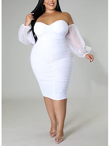 Uni Clau Plus Size Women Sexy Ruched Midi Dress Sheer Mesh Off The Shoulder Long Sleeve Bodycon Pencil Dresses