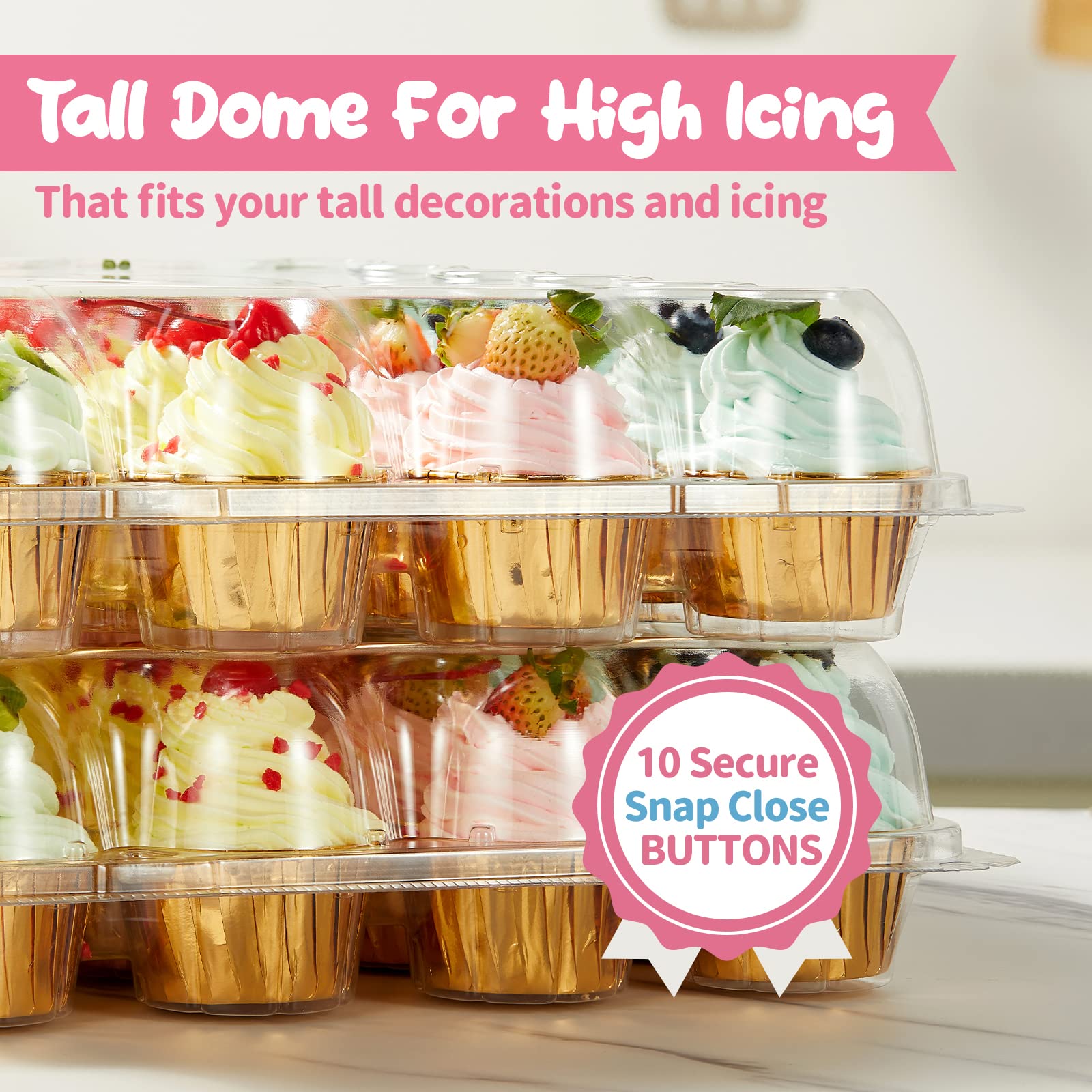 (24 Pack x 10 Sets) Gencywe Stackable Cupcake Carrier Holders with 240 Pack Cupcake Liners, Plastic Cupcake Boxes Holders for 24 Cupcakes, High Tall Dome Lid Cupcake Containers, Clear Disposable Cupcake Trays