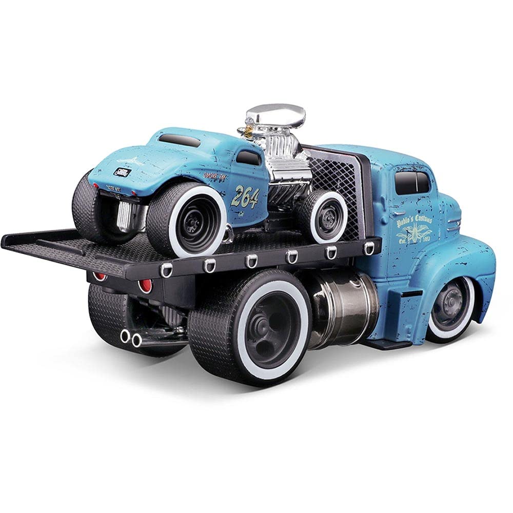 1950 COE Flatbed Truck & 1933 3W Coupe #264 Matt Light Blue w/Graphics (Weathered) Pablo's Customs 1/64 Diecast Model Cars by Muscle Machines 11533
