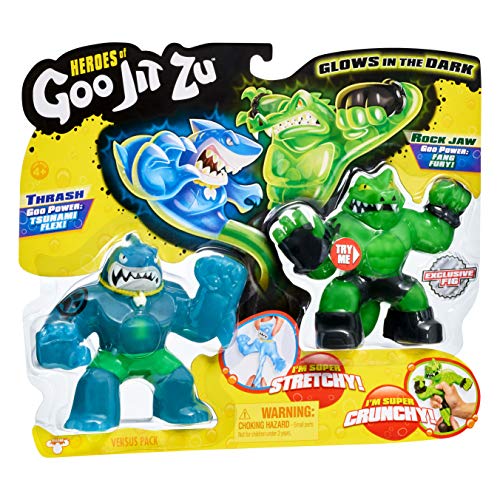 Heroes of Goo Jit Zu - 2 Pack of Glow in The Dark Action Figures, Thrash Vs Rockjaw