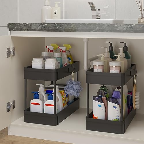 Boeeoan Under Sink Organizers Storage Rack, 2 Tier Under Bathroom Cabinet Shelf Basket, Multi-Purpose Storage Cart with Hooks for Kitchen Bathroom Bedroom Livingroom, Black