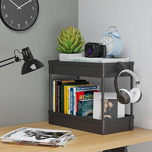 Boeeoan Under Sink Organizers Storage Rack, 2 Tier Under Bathroom Cabinet Shelf Basket, Multi-Purpose Storage Cart with Hooks for Kitchen Bathroom Bedroom Livingroom, Black