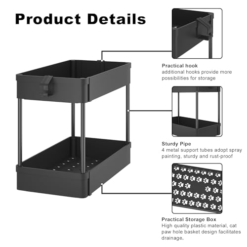 Boeeoan Under Sink Organizers Storage Rack, 2 Tier Under Bathroom Cabinet Shelf Basket, Multi-Purpose Storage Cart with Hooks for Kitchen Bathroom Bedroom Livingroom, Black