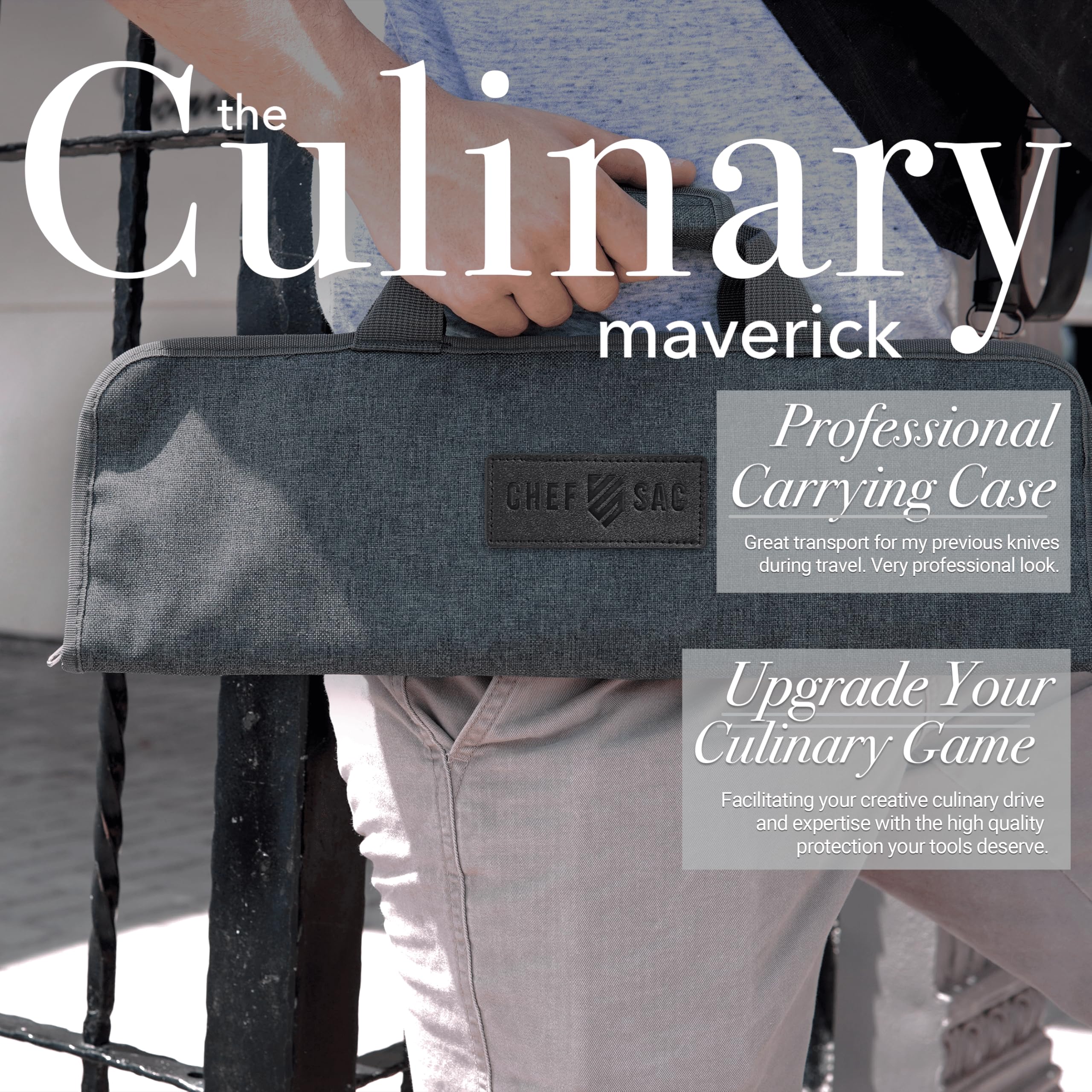 Chef Knife Roll Bag Travel Case | 8 Pockets for Knives & Tools | 2 Flaps with Cleaver & Mesh Pocket | Honing Rod Slot | Chef Knife Case for Professional & Students | Knives Not Included (Denim Grey)