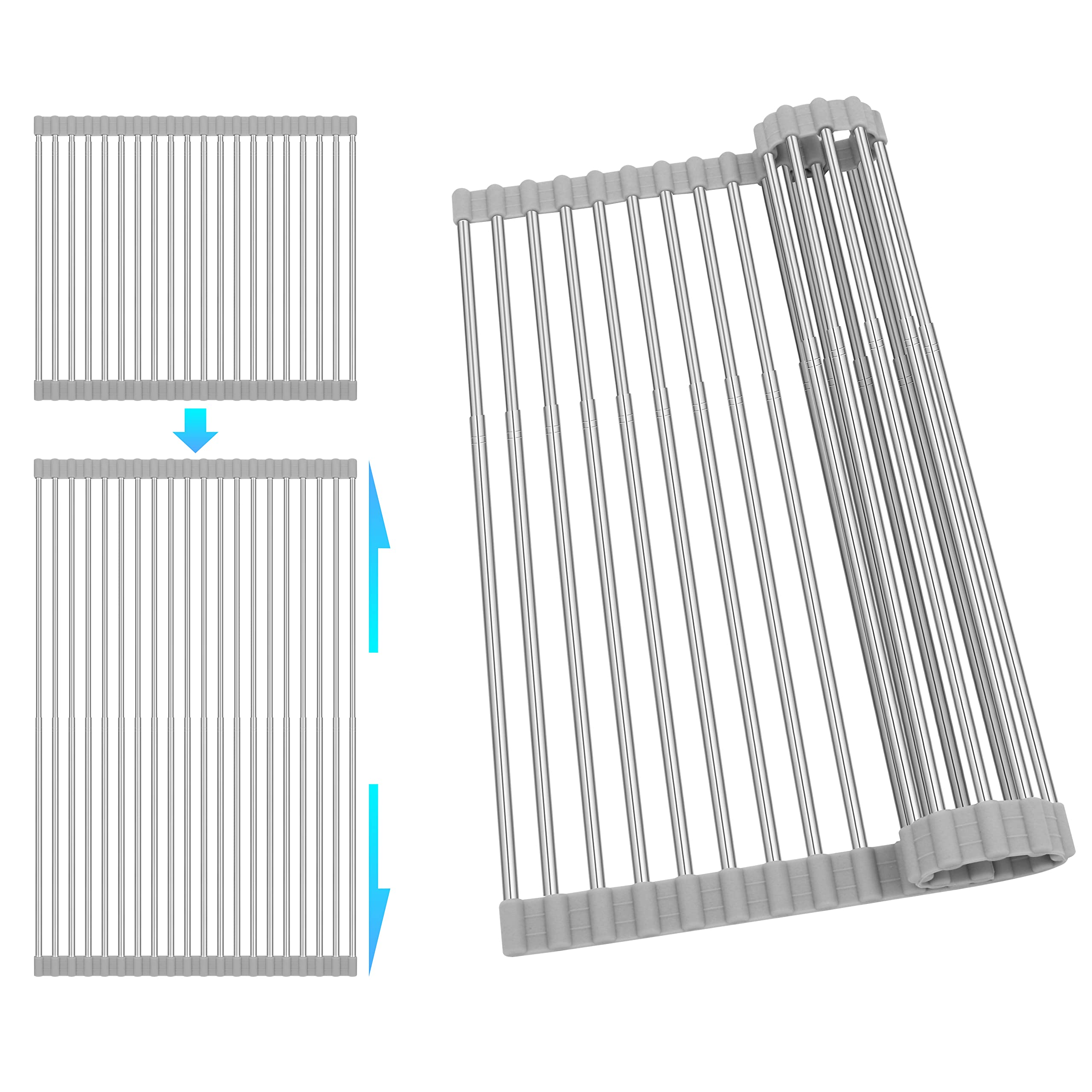 romise Adjustable Roll Up Dish Drying Rack for 10" - 20" Kitchen Sinks, Foldable Over The Sink Dish Drying Rack, Portable Stainless Steel Rolling Rack Dish Drainer Sink Rack Mat Trivet, Gray