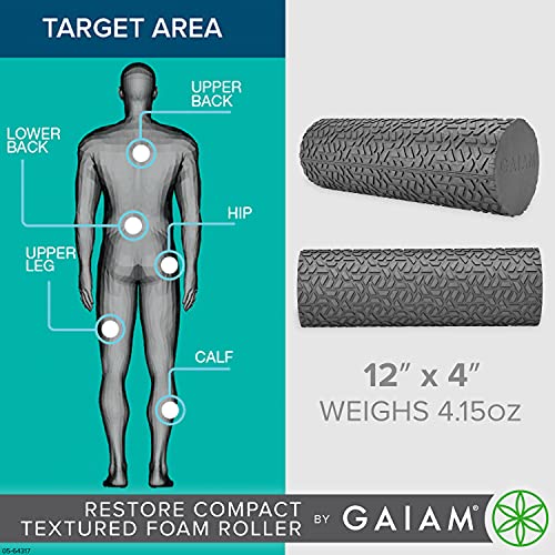 Gaiam Restore Compact Textured Foam Roller for Muscle Repair and Exercise β 12βL X 4" Diameter Massager Roller β Ideal for Improved Circulation and Easing Muscle Tension