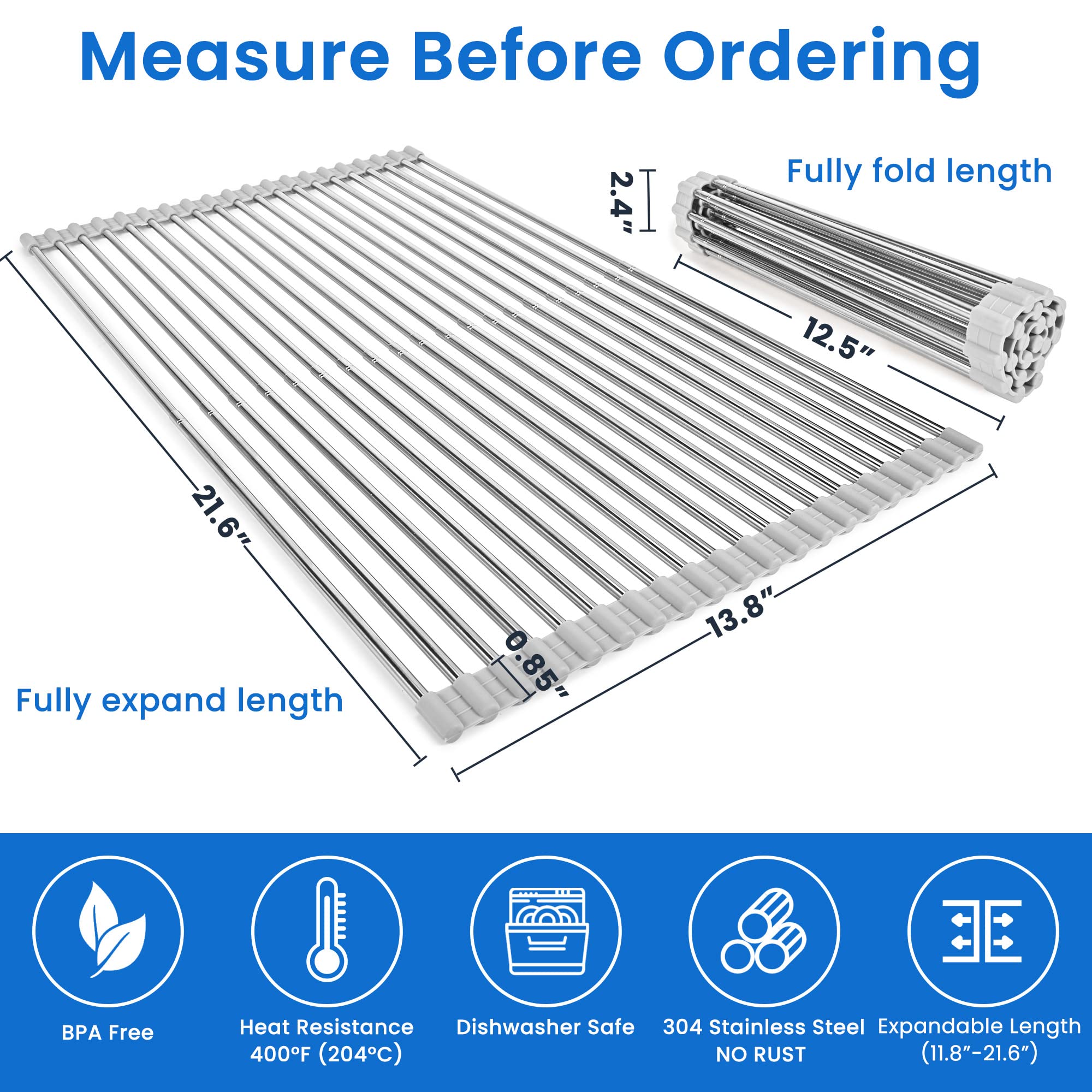 romise Adjustable Roll Up Dish Drying Rack for 10" - 20" Kitchen Sinks, Foldable Over The Sink Dish Drying Rack, Portable Stainless Steel Rolling Rack Dish Drainer Sink Rack Mat Trivet, Gray