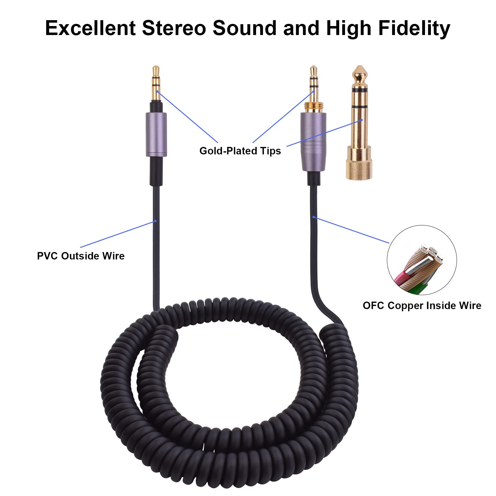 WH-1000xm4 Replacement Headphones Cable, Coiled Aux Cord Compatible with Sony WH-1000xm5, WH-1000xm4, WH-1000xm3, WH-1000xm2, WH-ch510, WH-ch700n, WH-ch710n and more, with 6.35mm Adapter (Max 14Ft)