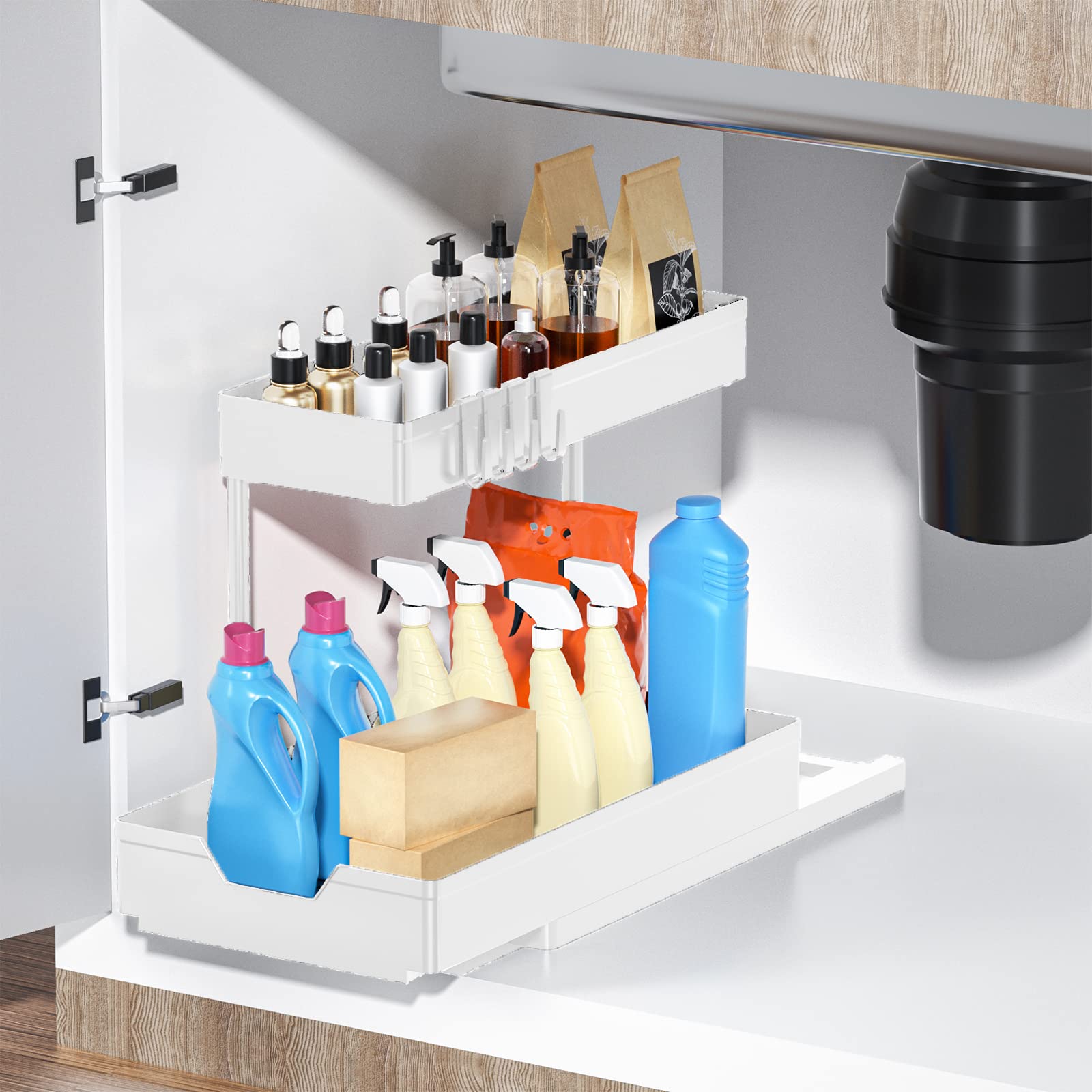 JTAGOO Under Sink Organizers and Storage, L-Shape Kitchen Organization 2-Tier Sliding Cabinet Organizer, Under Bathroom Sink Cabinet Organizer Shelf with Drawers, with Hooks (White 1 Pack)