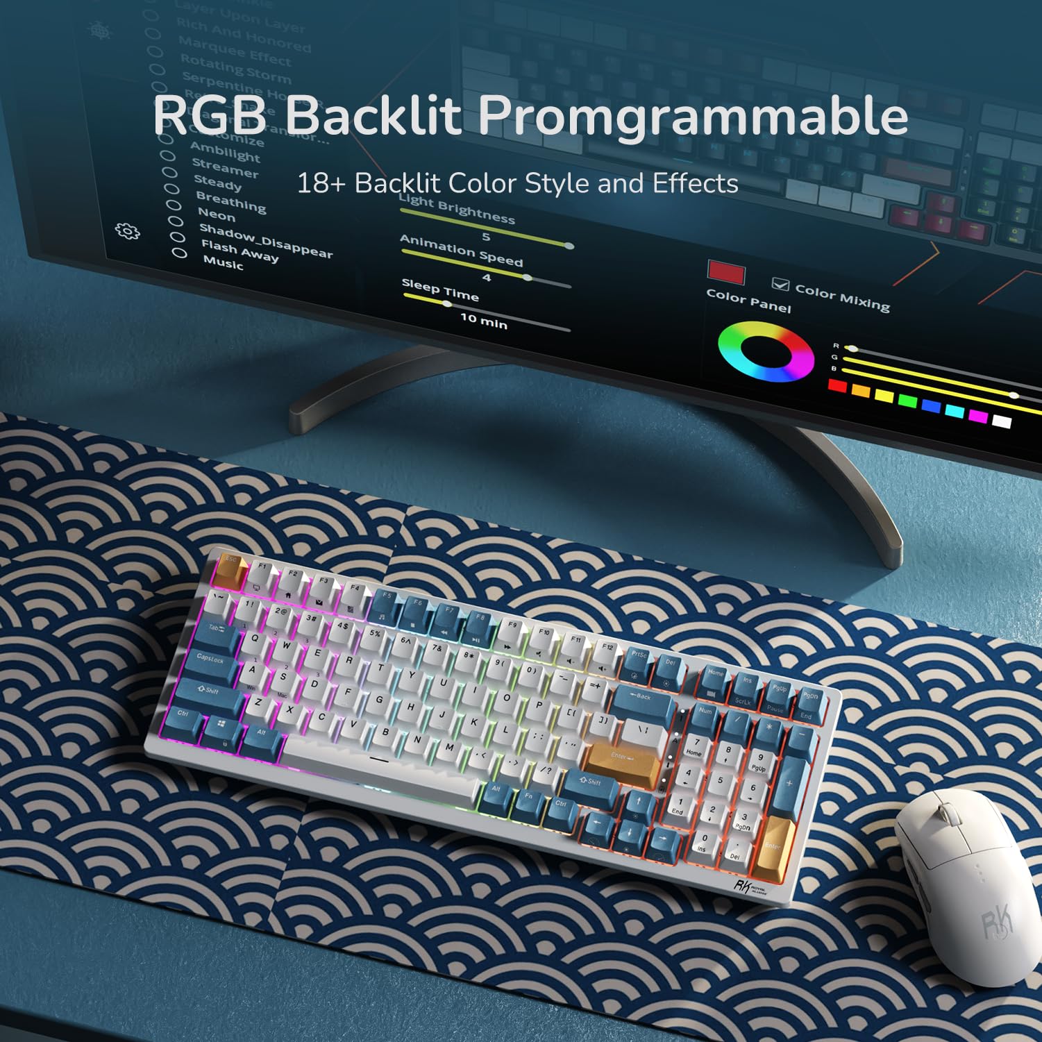 RK ROYAL KLUDGE RK98 Wireless Mechanical Keyboard, Triple Mode 2.4G/BT5.1/USB-C Hot Swappable Mechanical Keyboard with Number Pad, Pre-lubed Switches RGB Backlit Gaming Keyboard, Software Support