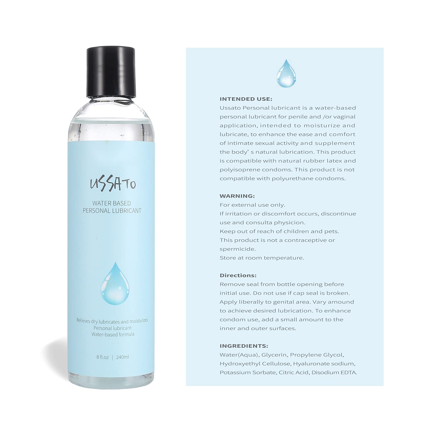 USSATO Water Based Lube, Natural Feeling Long Lasting Non Sticky Slippery Personal Lubricant Moisturizer for Women Men and Couple Massage