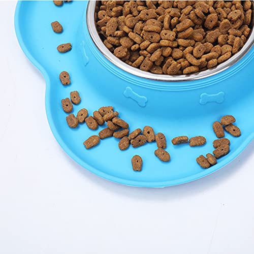 FUUIE Bowls for Food and Water Silicone Bone Double Dog Bowl Pet Pad Pet Feeding Bowl Non-Slip Leakproof Dual-Use Pet Mat Black and Blue (Color : Blue)